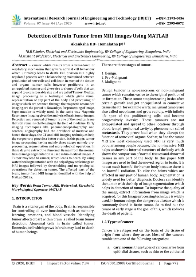 IRJET - Detection of Brain Tumor from MRI Images using MATLAB | PDF