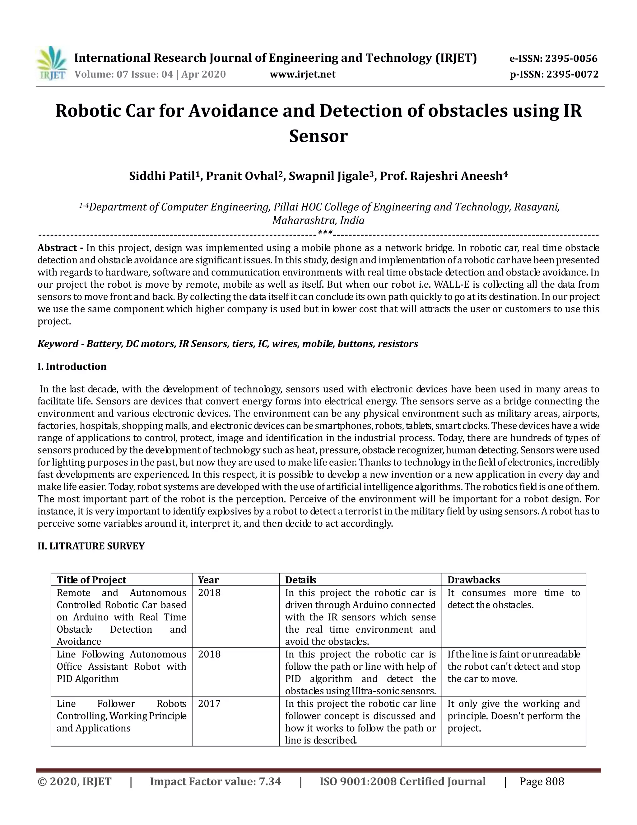 IRJET - Robotic Car for Avoidance and Detection of Obstacles using IR ...