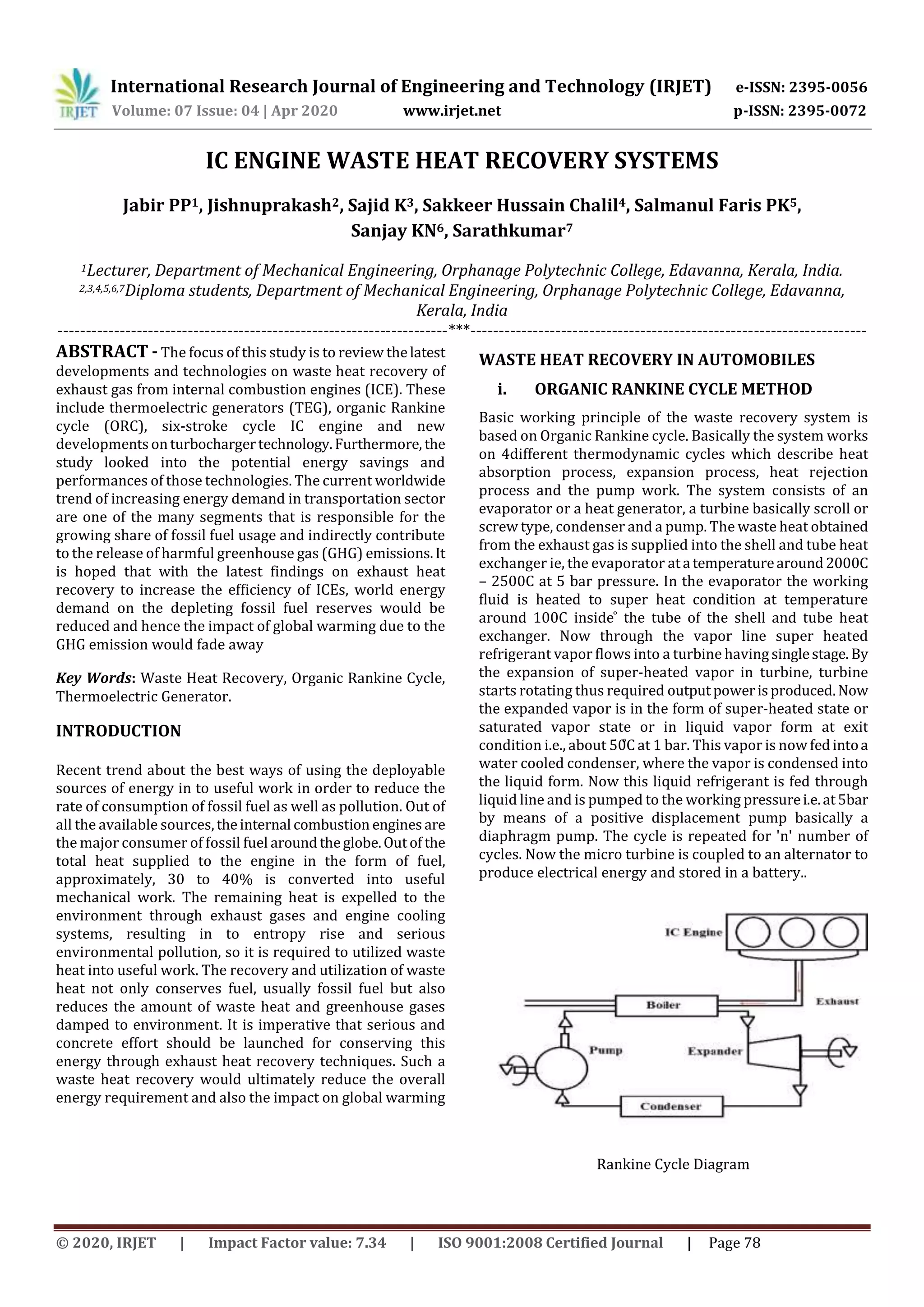 IRJET- IC Engine Waste Heat Recovery Systems | PDF | Green Vehicles ...