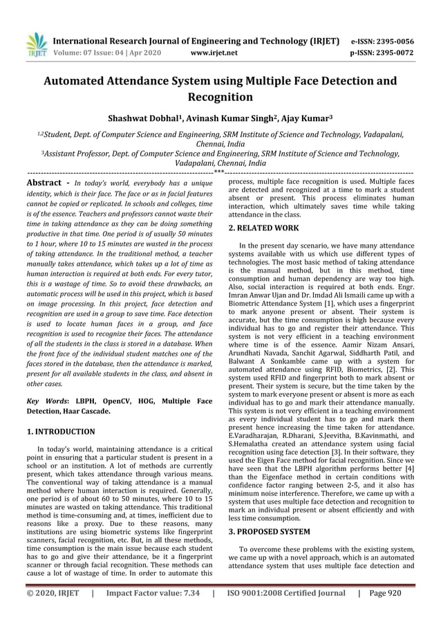 IRJET - Automated Attendance System using Multiple Face Detection and Recognition | PDF