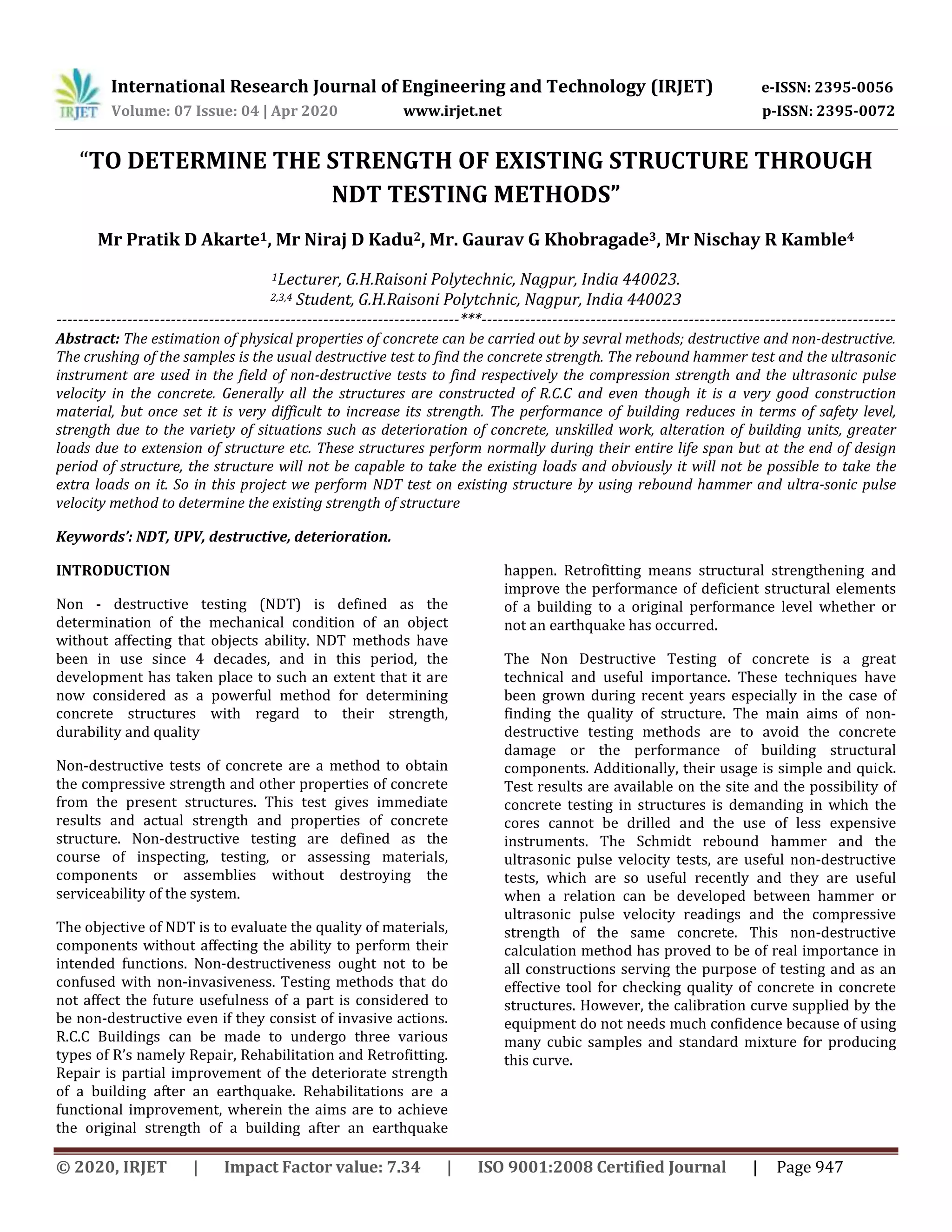 IRJET - To Determine the Strength of Existing Structure through NDT ...