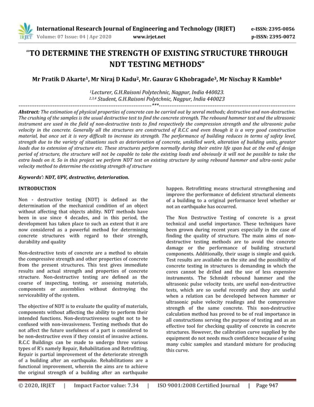 IRJET - To Determine the Strength of Existing Structure through NDT ...