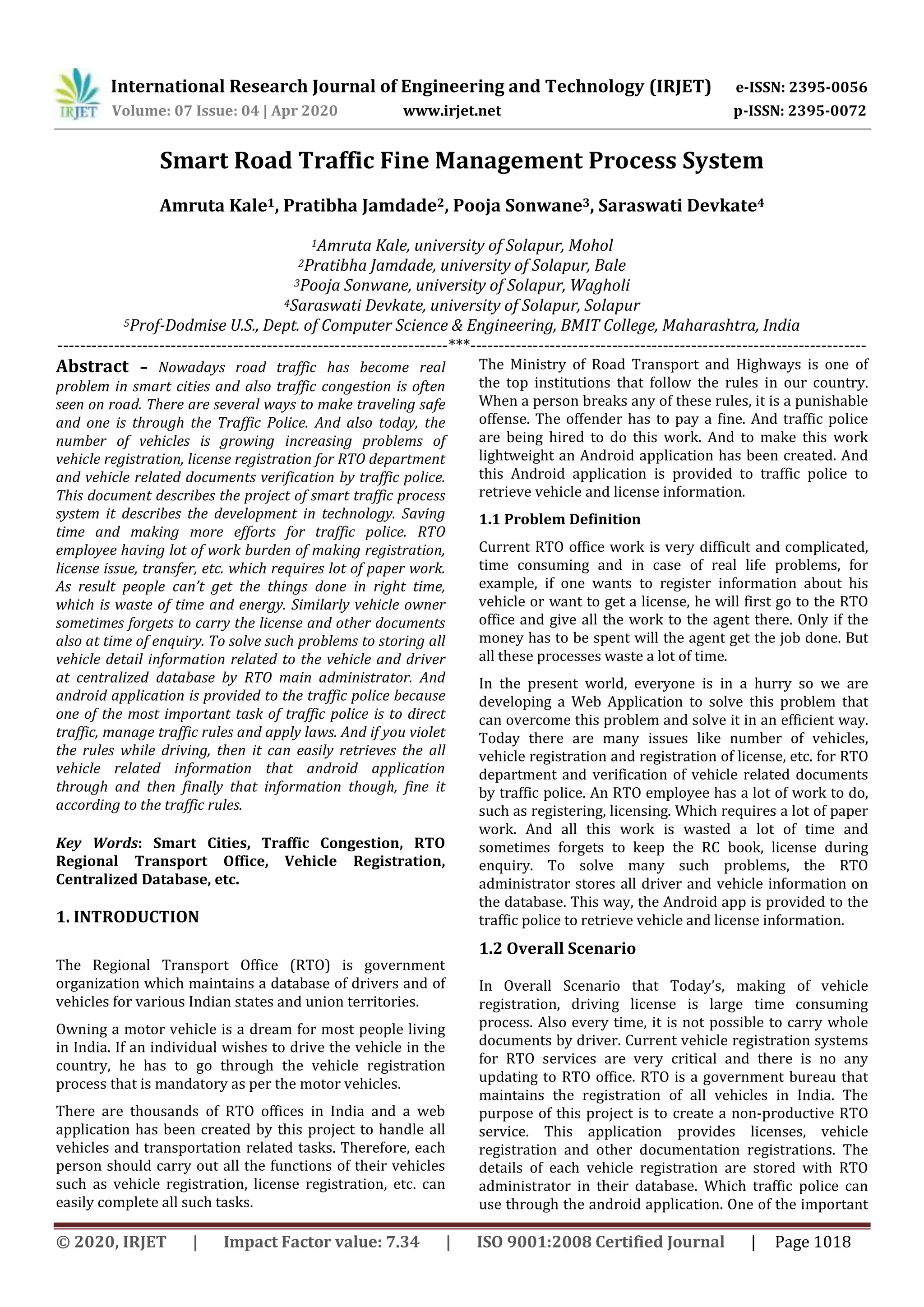IRJET - Smart Road Traffic Fine Management Process System | PDF