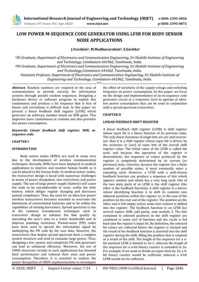 IRJET - Low Power M-Sequence Code Generator using LFSR for Body Sensor Node Applications | PDF