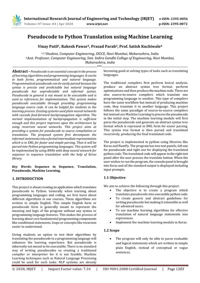 IRJET - Pseudocode to Python Translation using Machine Learning | PDF