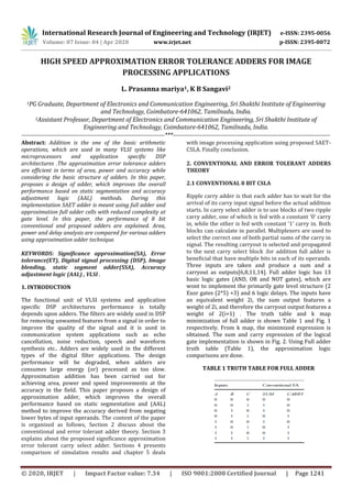 IRJET - High Speed Approximation Error Tolerance Adders for Image Processing Applications | PDF