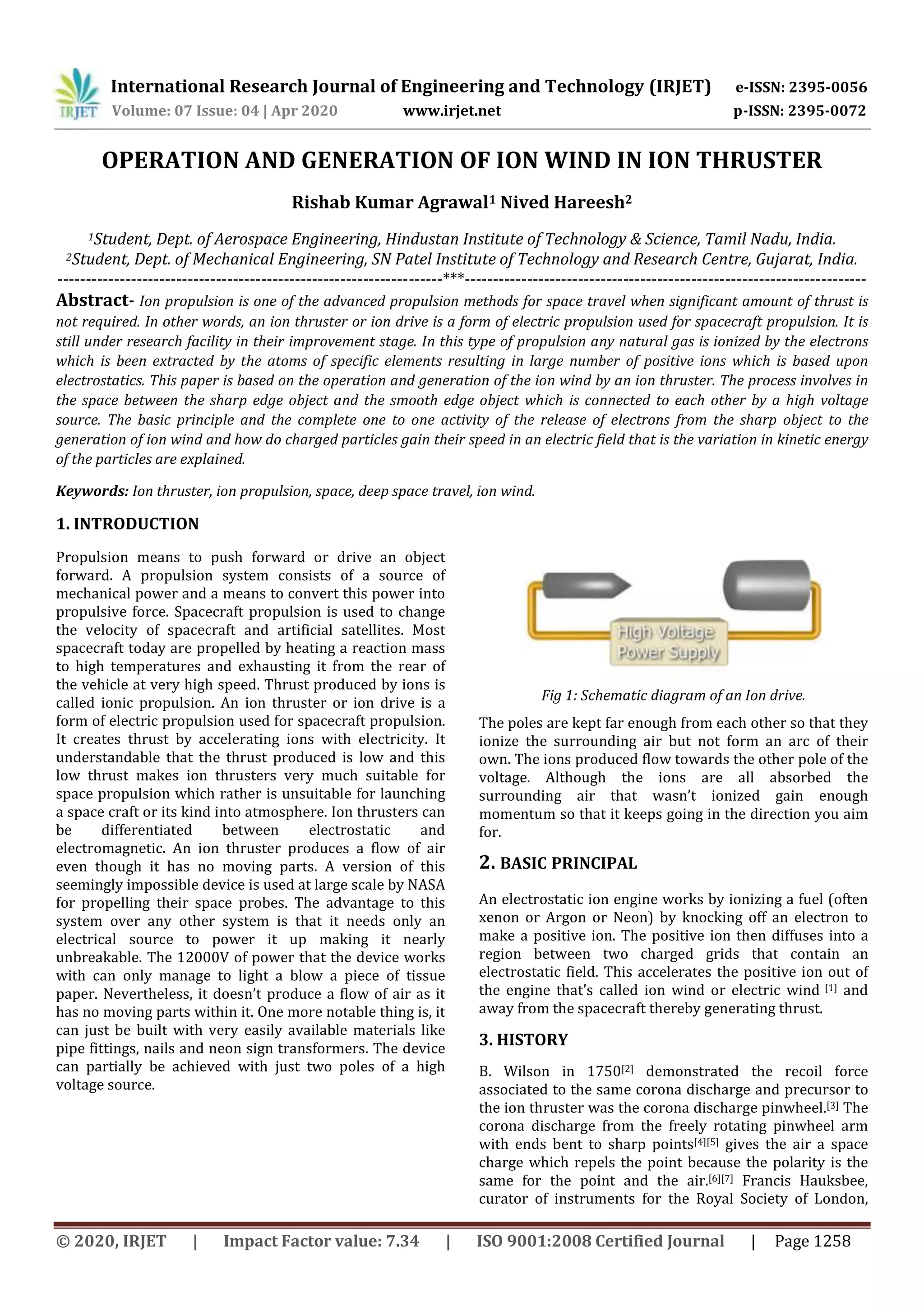 IRJET - Operation and Generation of ION Wind in ION Thruster | PDF
