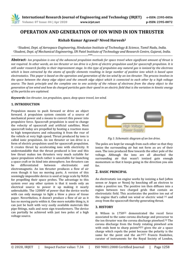 IRJET - Operation and Generation of ION Wind in ION Thruster | PDF