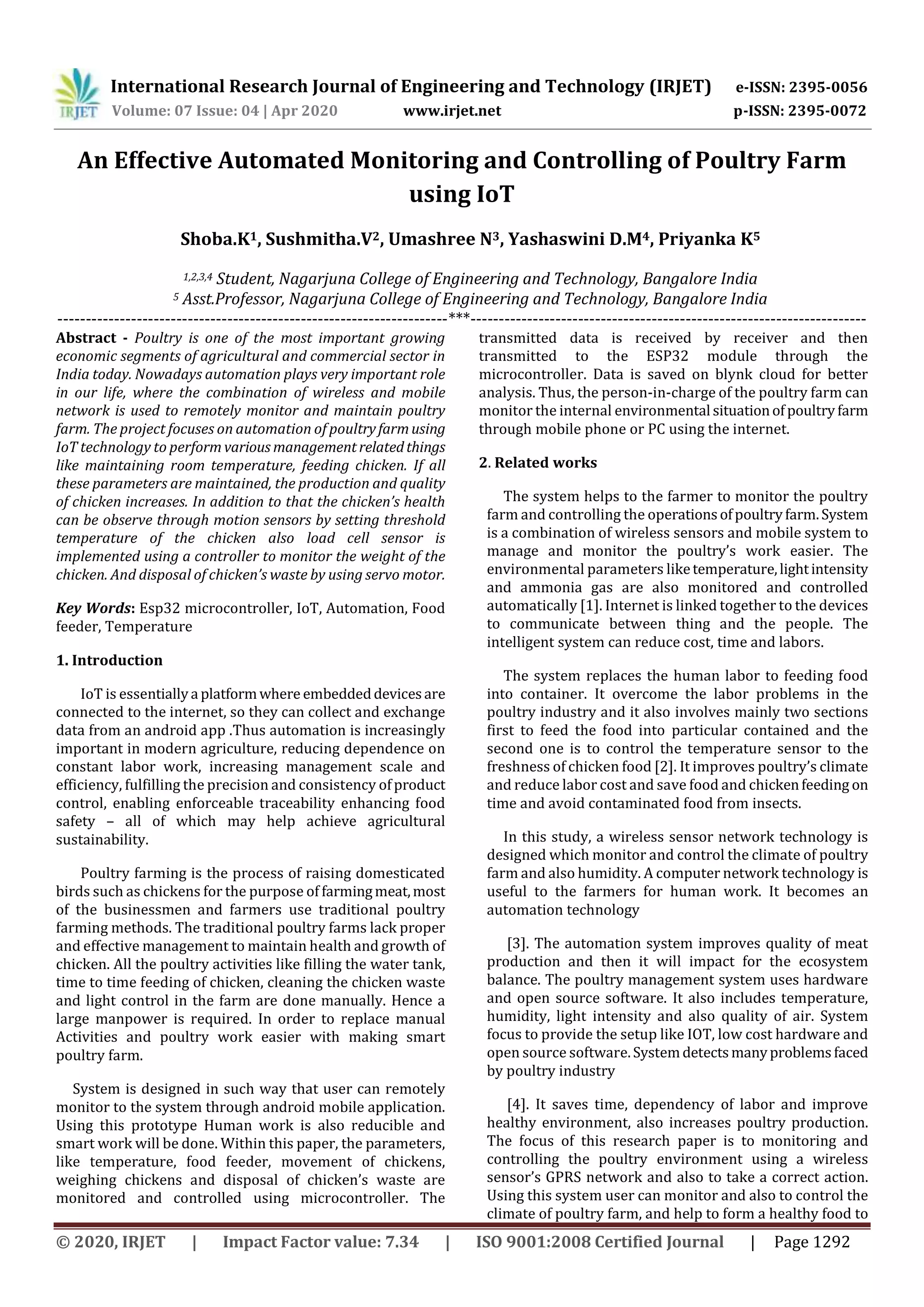 IRJET - An Effective Automated Monitoring and Controlling of Poultry Farm using IoT | PDF