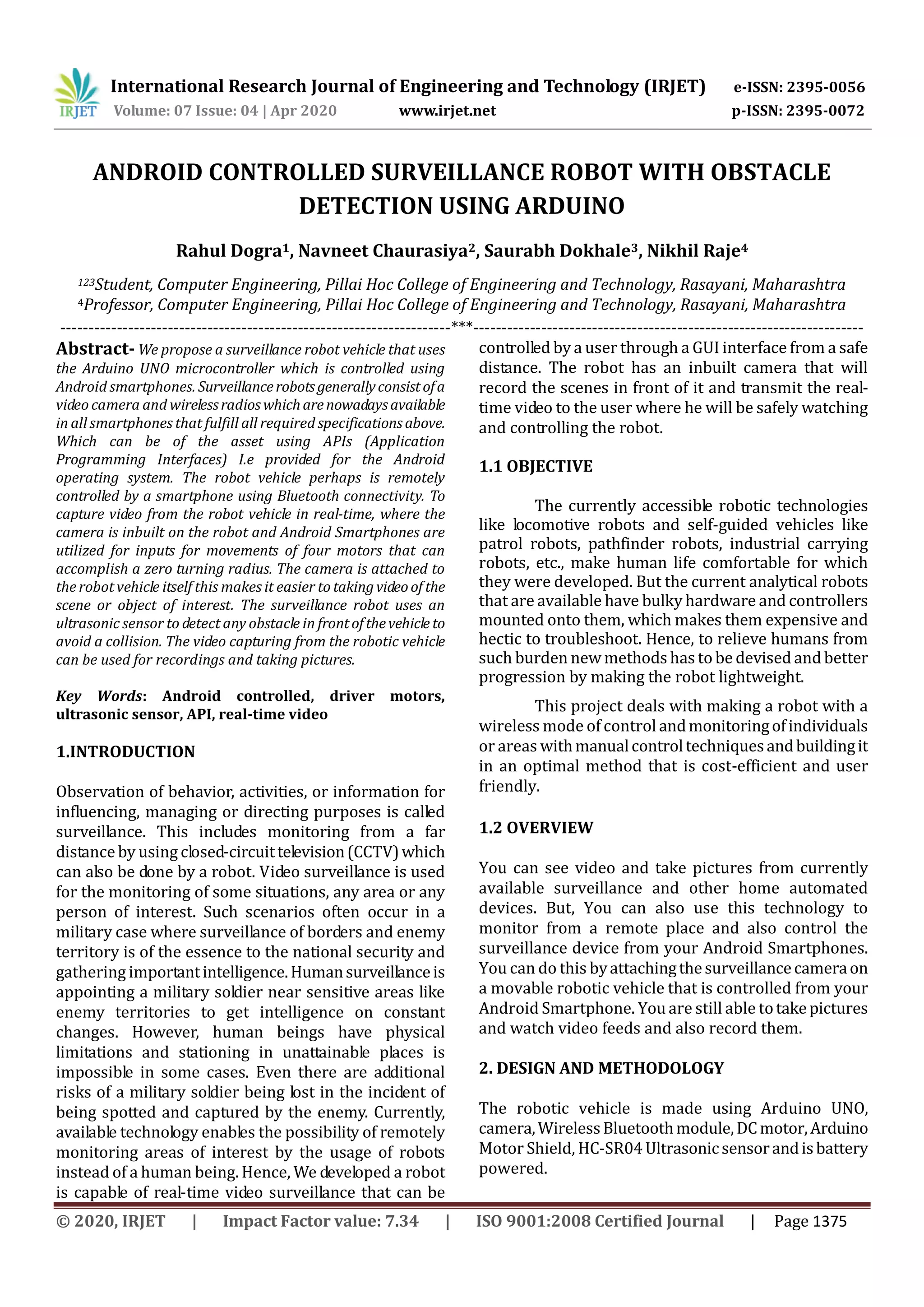 IRJET - Android Controlled Surveillance Robot with Obstacle Detection using Arduino | PDF