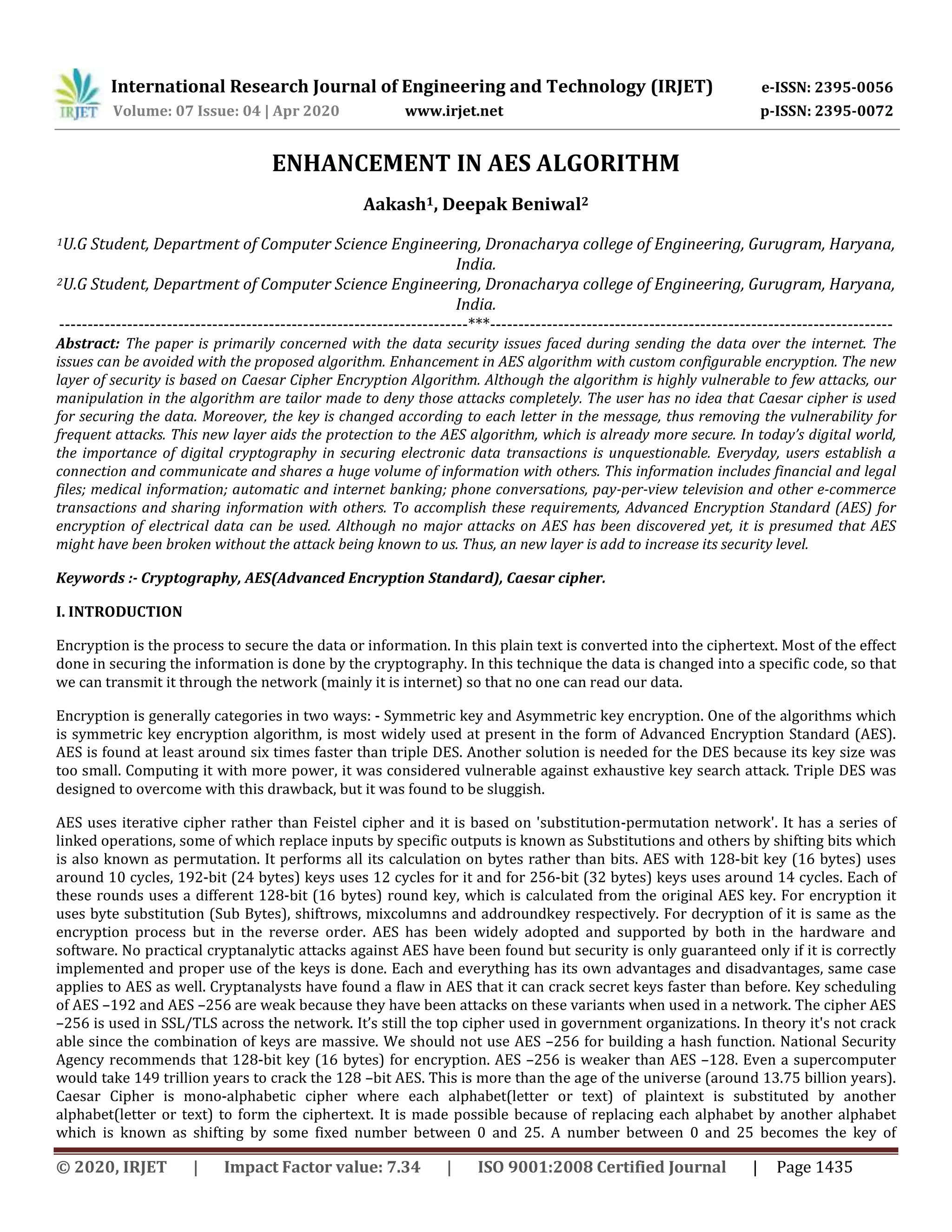 IRJET - Enhancement in AES Algorithm | PDF