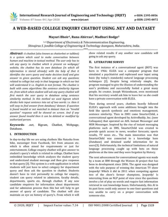 IRJET - A Web-based College Enquiry Chatbot using .Net and Dataset | PDF