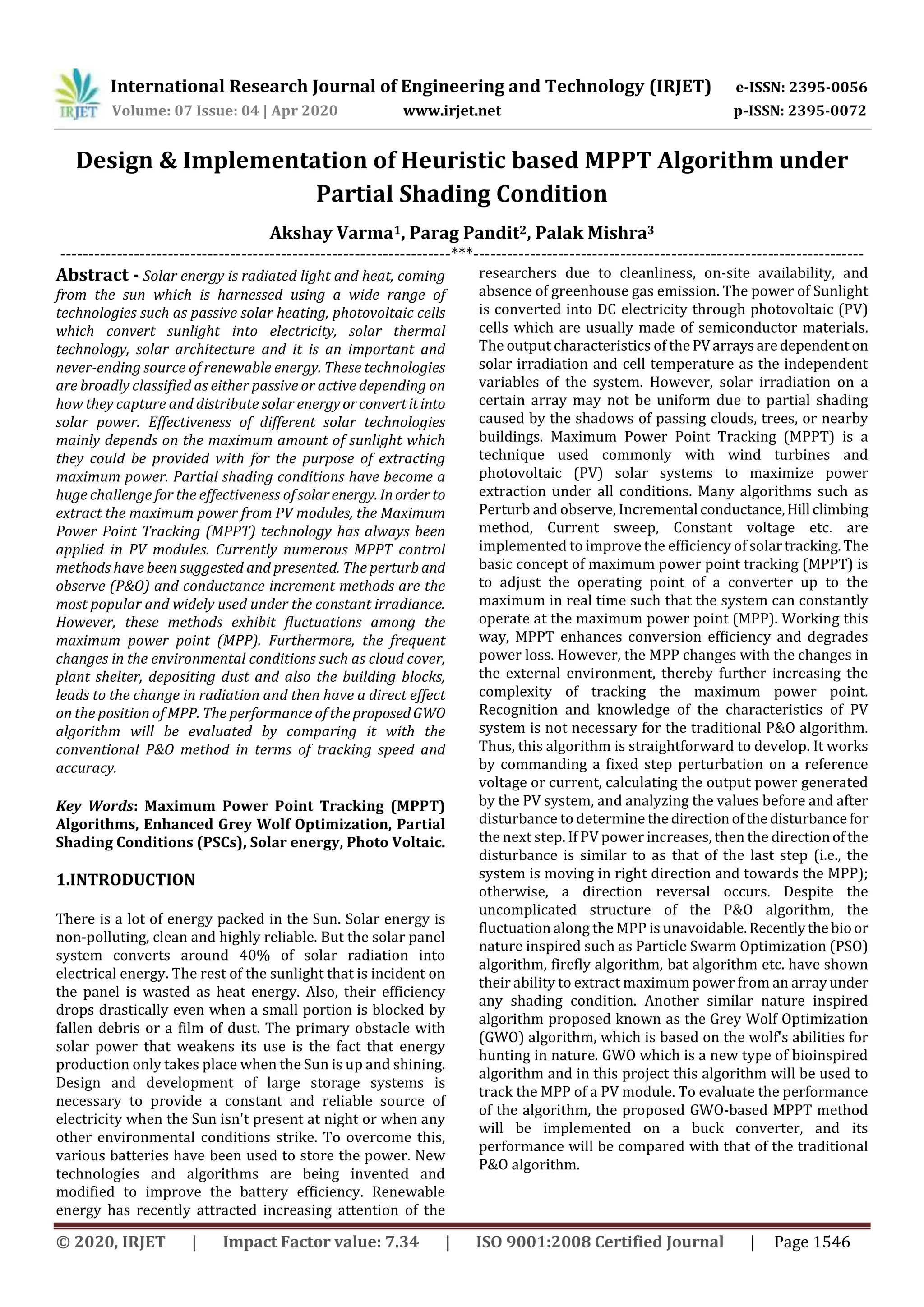 Irjet Design And Implementation Of Heuristic Based Mppt Algorithm Under Partial Shading