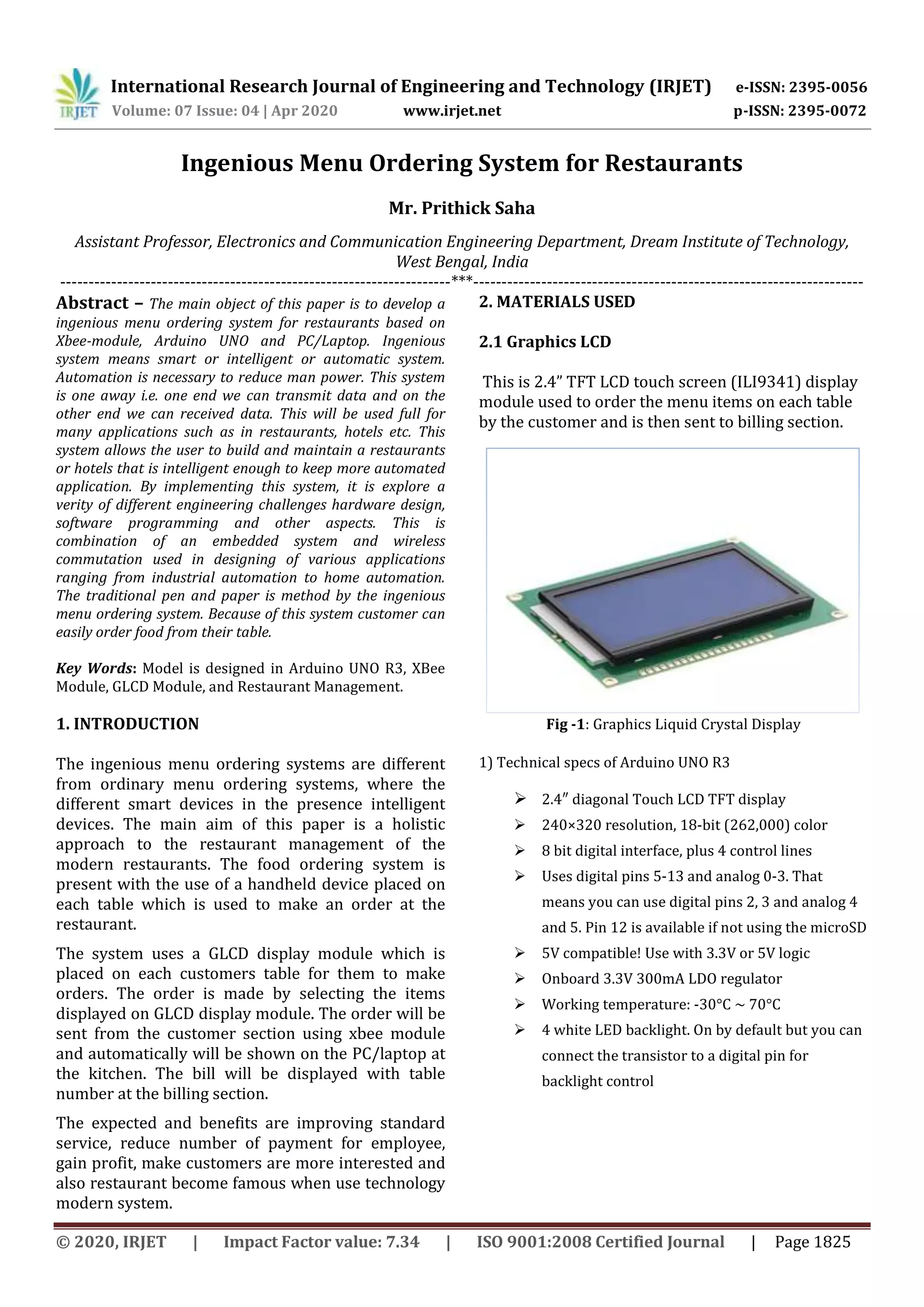 IRJET - Ingenious Menu Ordering System for Restaurants | PDF | Computing | Technology & Computing