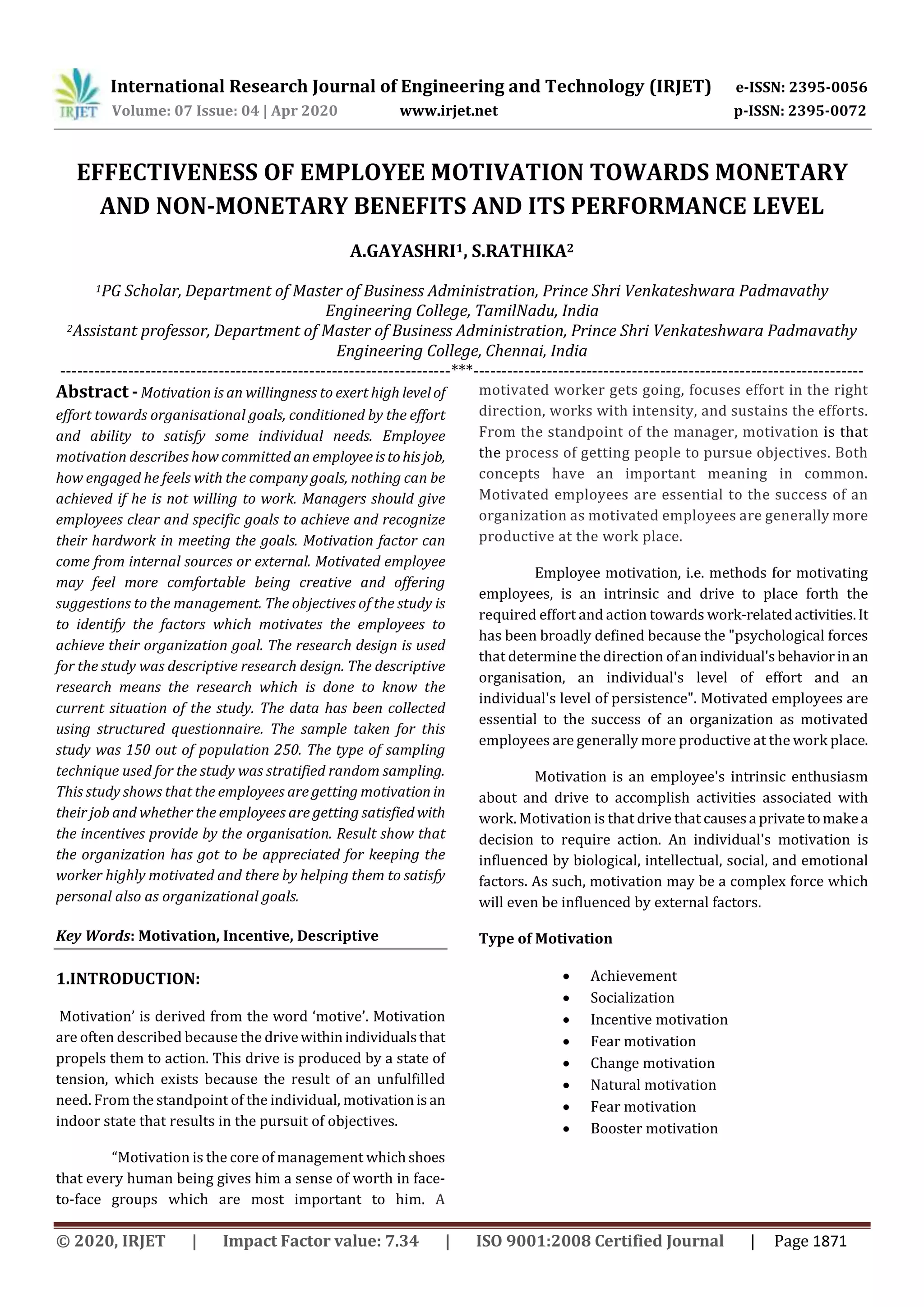 IRJET - Effectiveness of Employee Motivation Towards Monetary and Non ...
