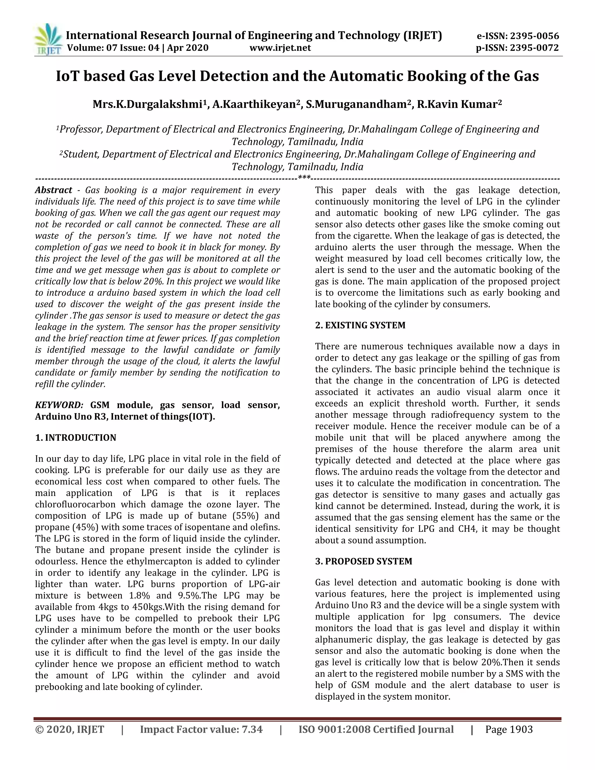 IRJET - IoT based Gas Level Detection and the Automatic Booking of the ...