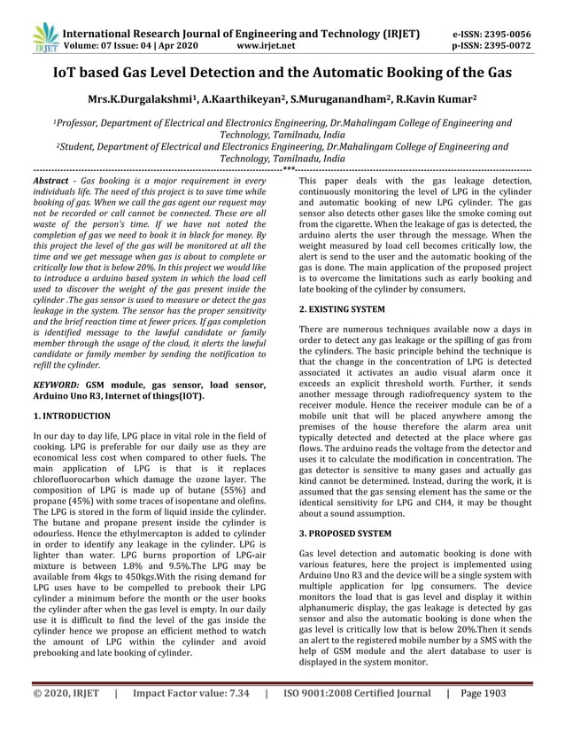 IRJET - IoT based Gas Level Detection and the Automatic Booking of the ...