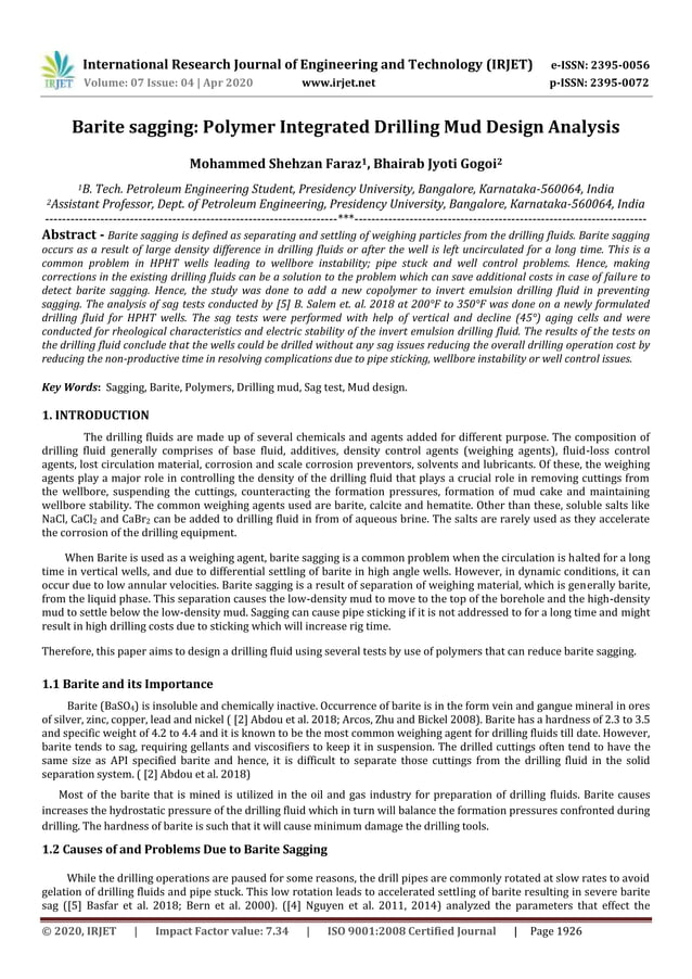IRJET - Barite Sagging: Polymer Integrated Drilling Mud Design Analysis ...