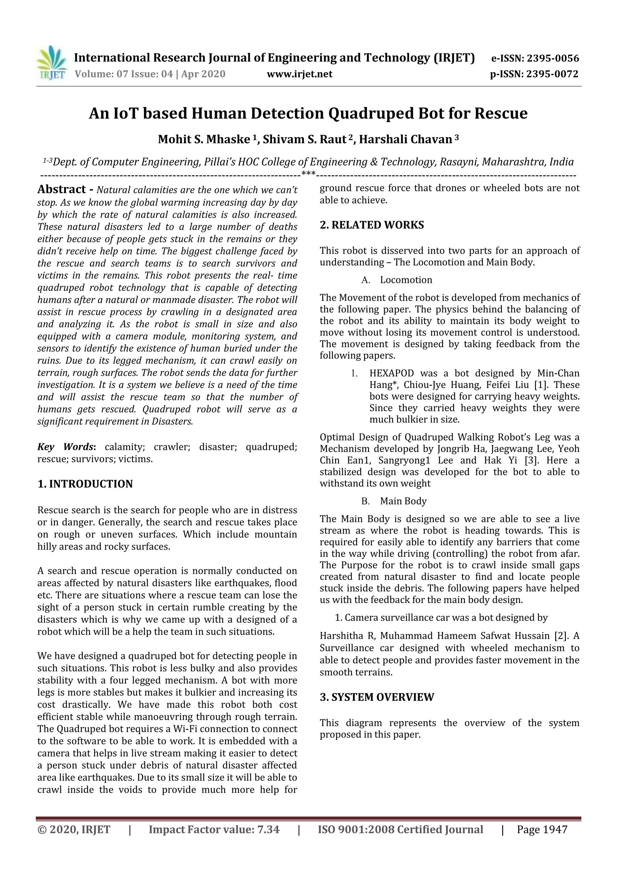 IRJET - An IoT based Human Detection Quadruped Bot for Rescue | PDF