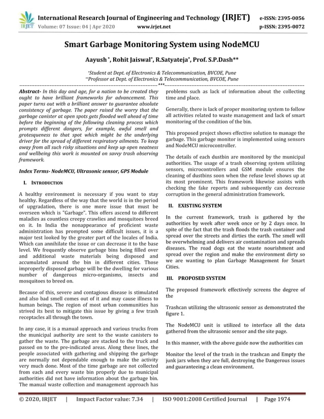 IRJET - Smart Garbage Monitoring System using NodeMCU | PDF