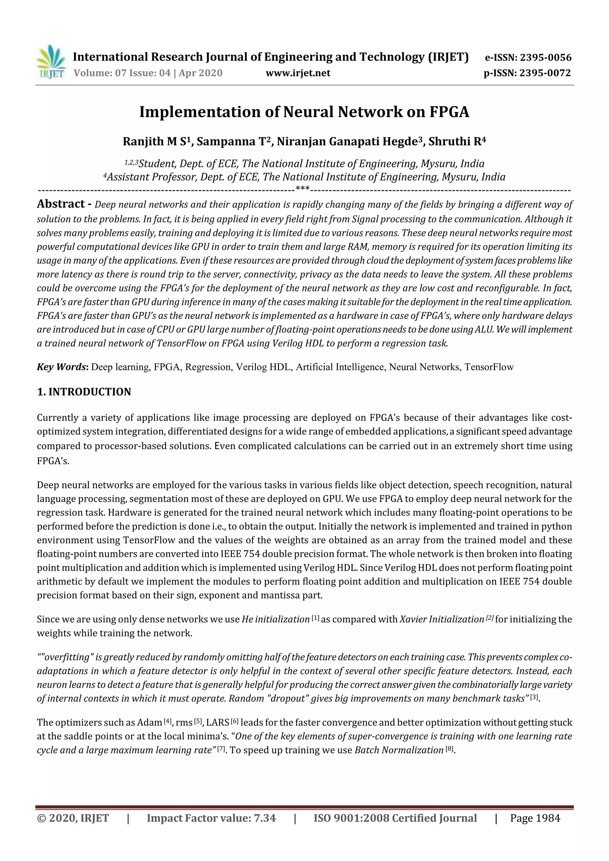 Irjet Implementation Of Neural Network On Fpga Pdf 8741