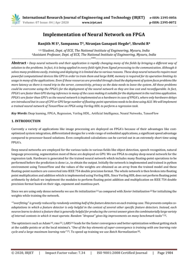IRJET - Implementation of Neural Network on FPGA | PDF