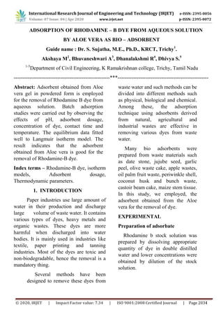 Adsorption of Rhodamine – B Dye from Aqueous Solution by Aloe Vera as Bio – Adsorbent | PDF