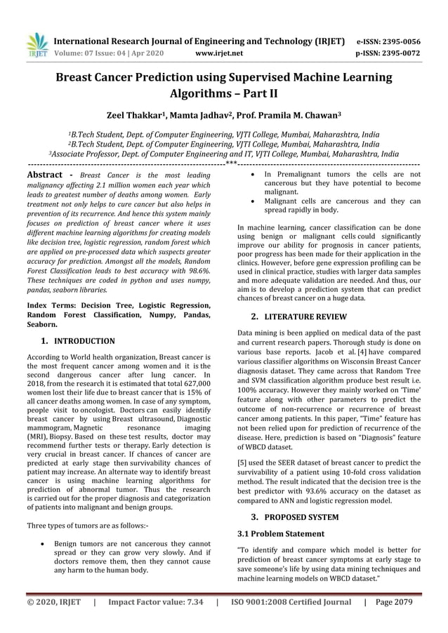 IRJET - Breast Cancer Prediction using Supervised Machine Learning Algorithms – Part II | PDF