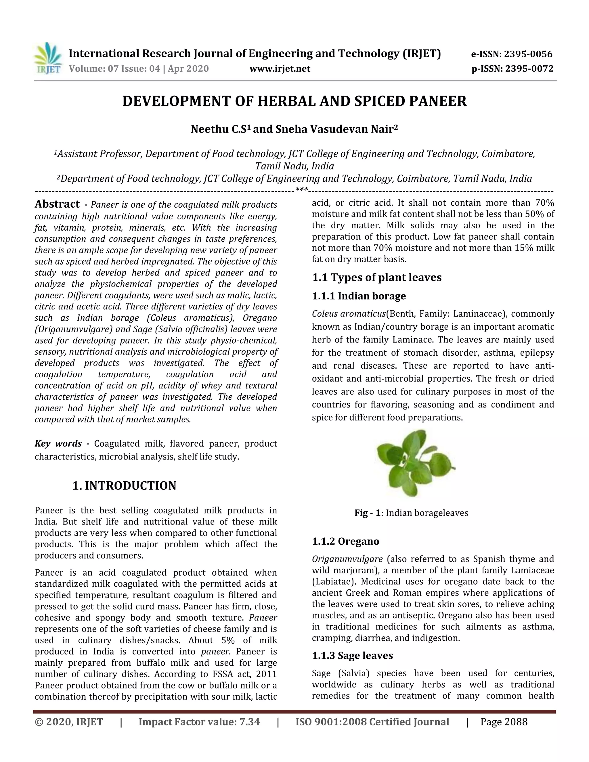 IRJET - Development of Herbal and Spiced Paneer | PDF