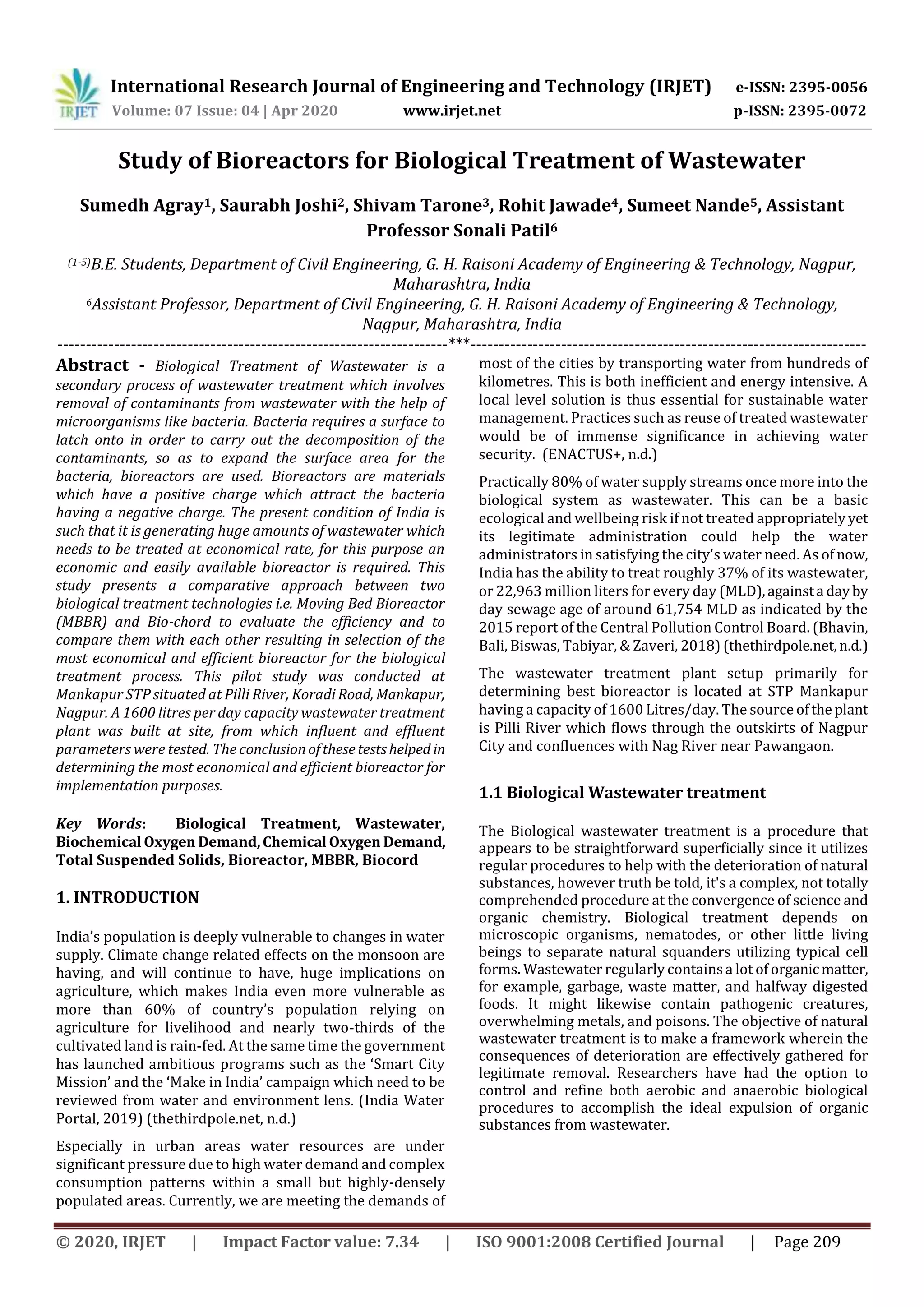 IRJET- Study of Bioreactors for Biological Treatment of Wastewater | PDF