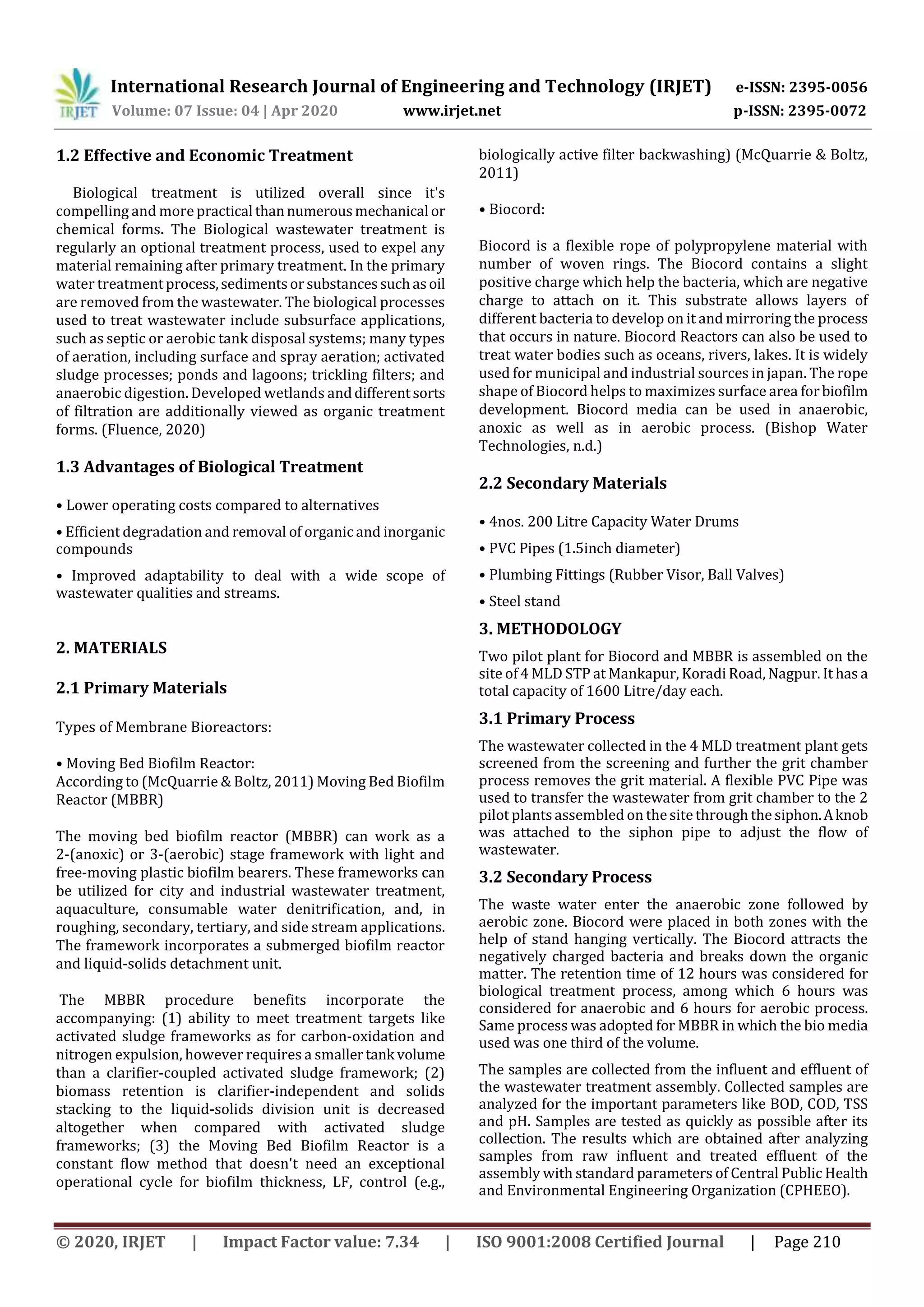 IRJET- Study of Bioreactors for Biological Treatment of Wastewater | PDF