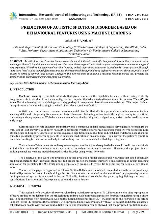 IRJET - Prediction of Autistic Spectrum Disorder based on Behavioural ...