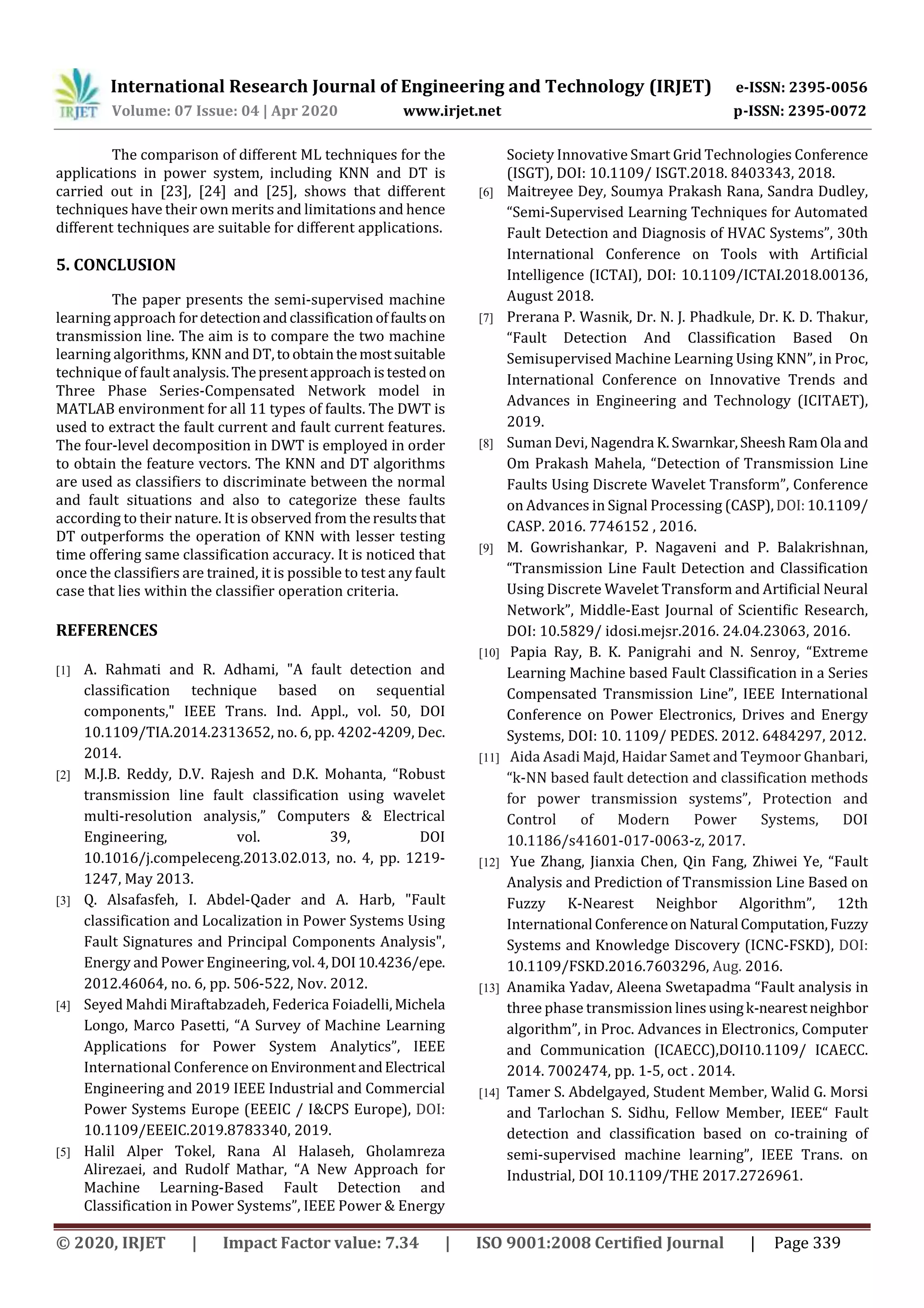 IRJET - Fault Detection and Classification in Transmission Line by using KNN and DT Technique | PDF