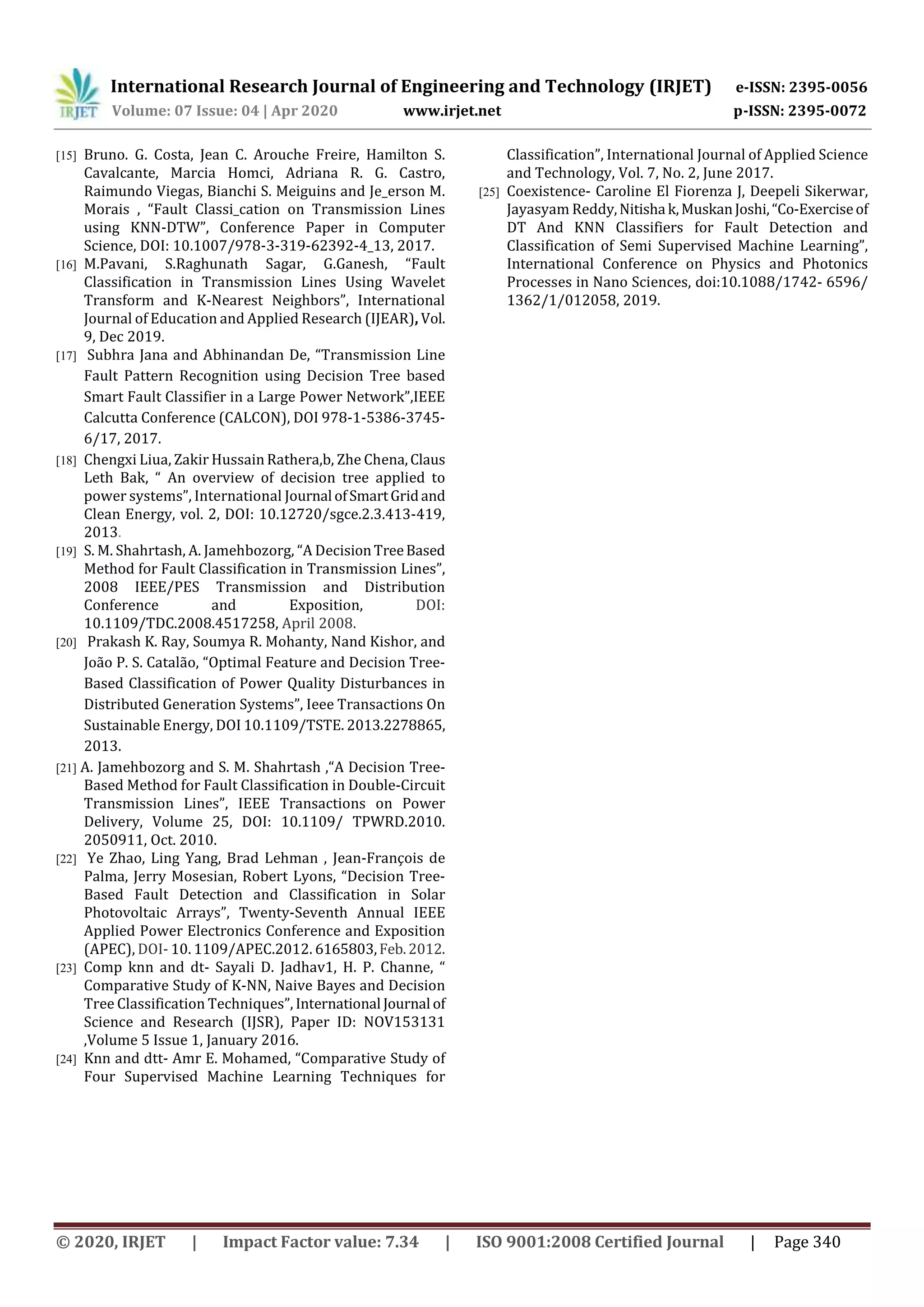 Irjet Fault Detection And Classification In Transmission Line By Using Knn And Dt Technique Pdf