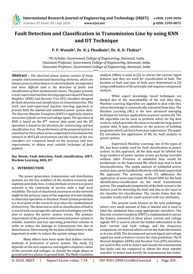 Irjet Fault Detection And Classification In Transmission Line By Using Knn And Dt Technique Pdf