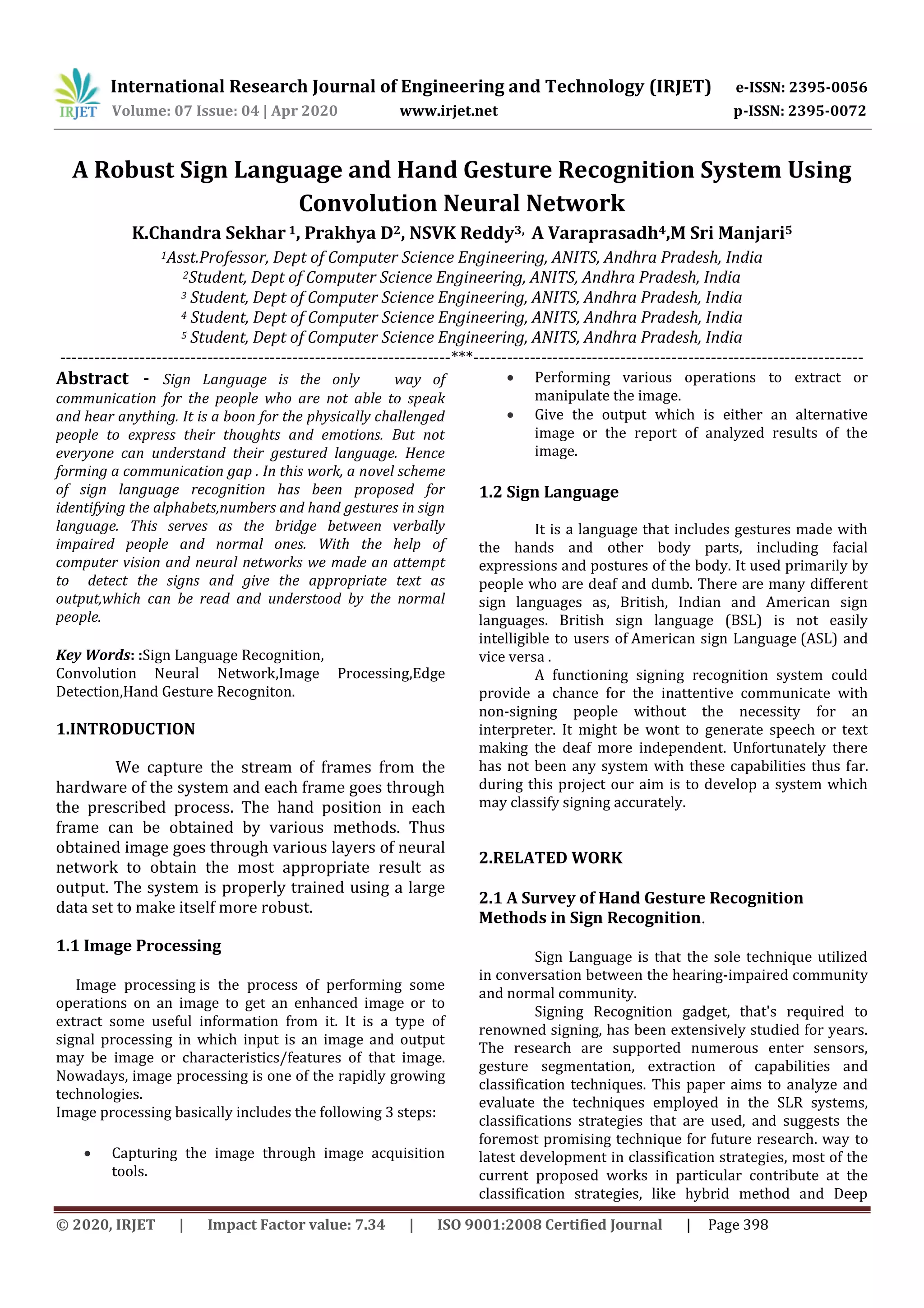 Irjet A Robust Sign Language And Hand Gesture Recognition System Using Convolution Neural