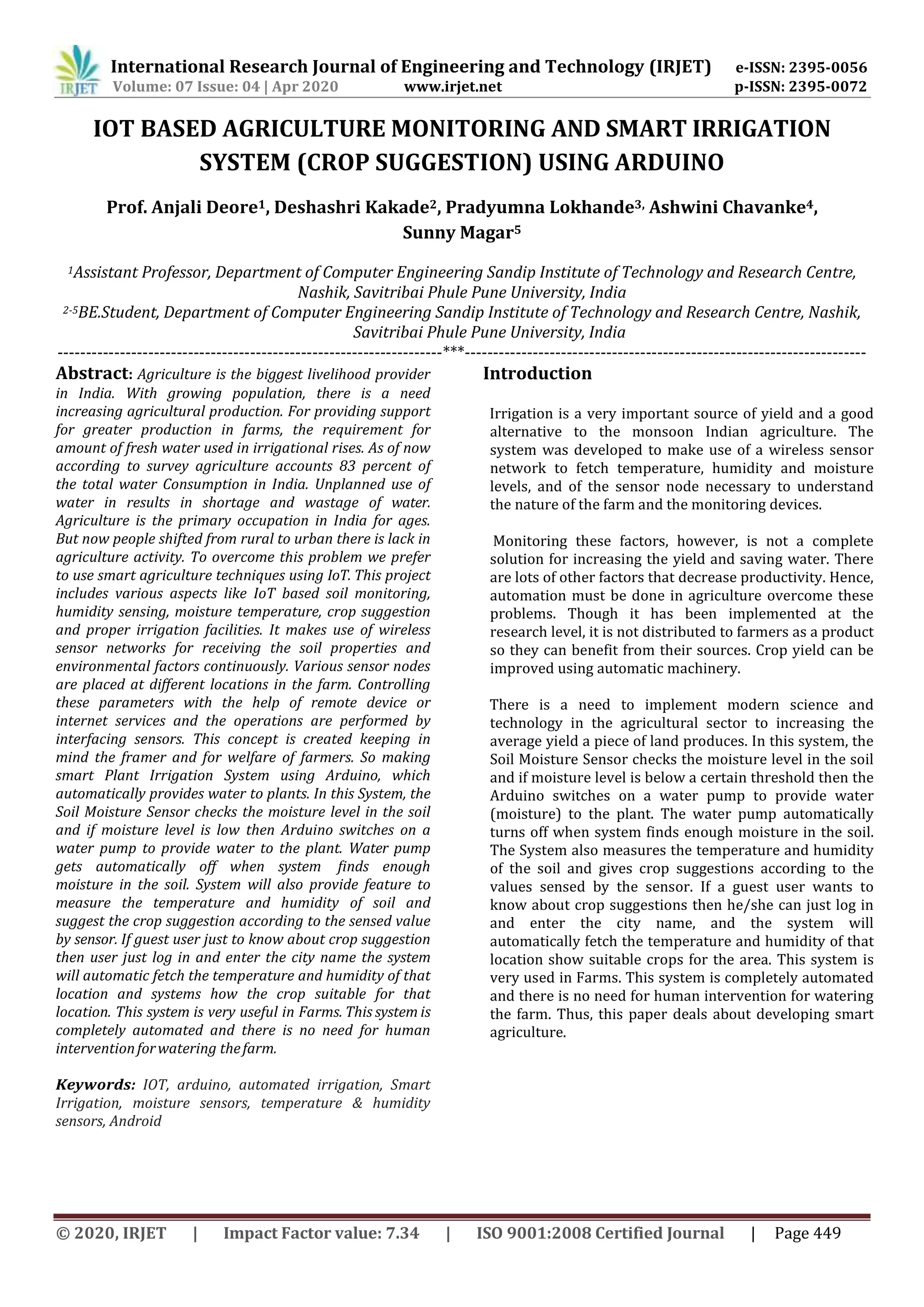 IRJET - IoT based Agriculture Monitoring and Smart Irrigation System ...