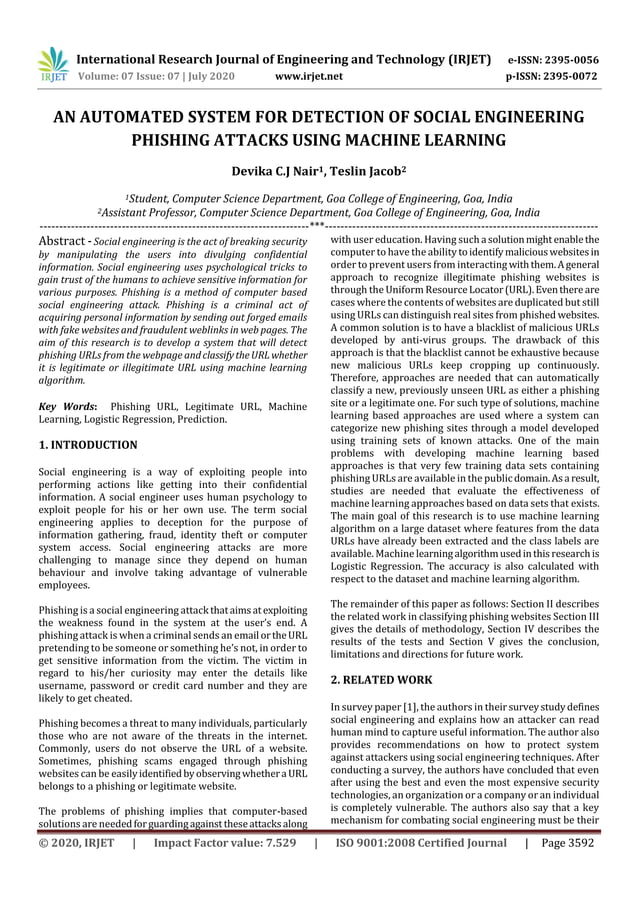 IRJET - An Automated System for Detection of Social Engineering Phishing Attacks using Machine ...
