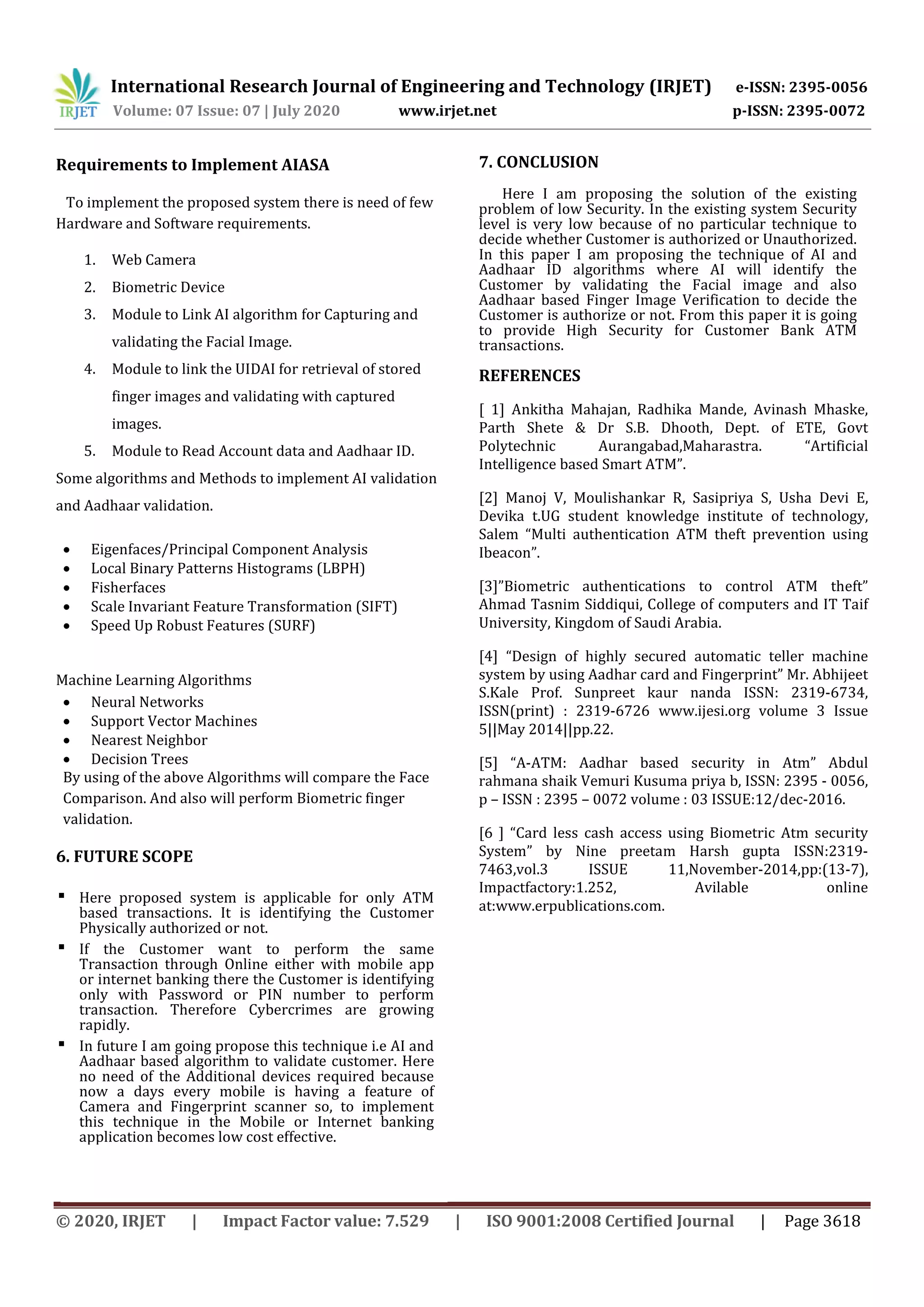 IRJET - Artificial Intelligence and Aadhaar Based Smart ATM | PDF