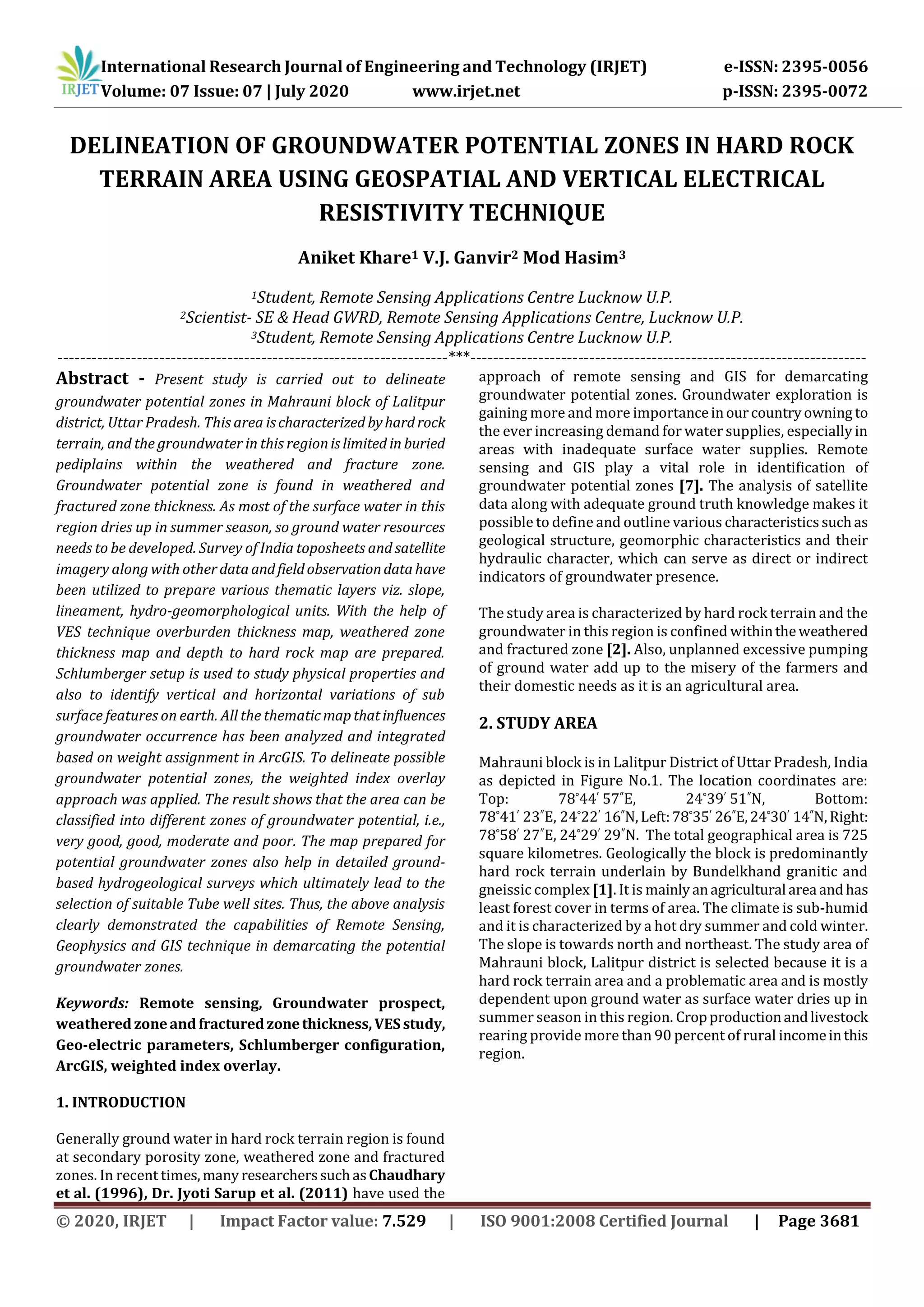 IRJET - Delineation of Groundwater Potential Zones in Hard Rock Terrain Area using Geospatial ...