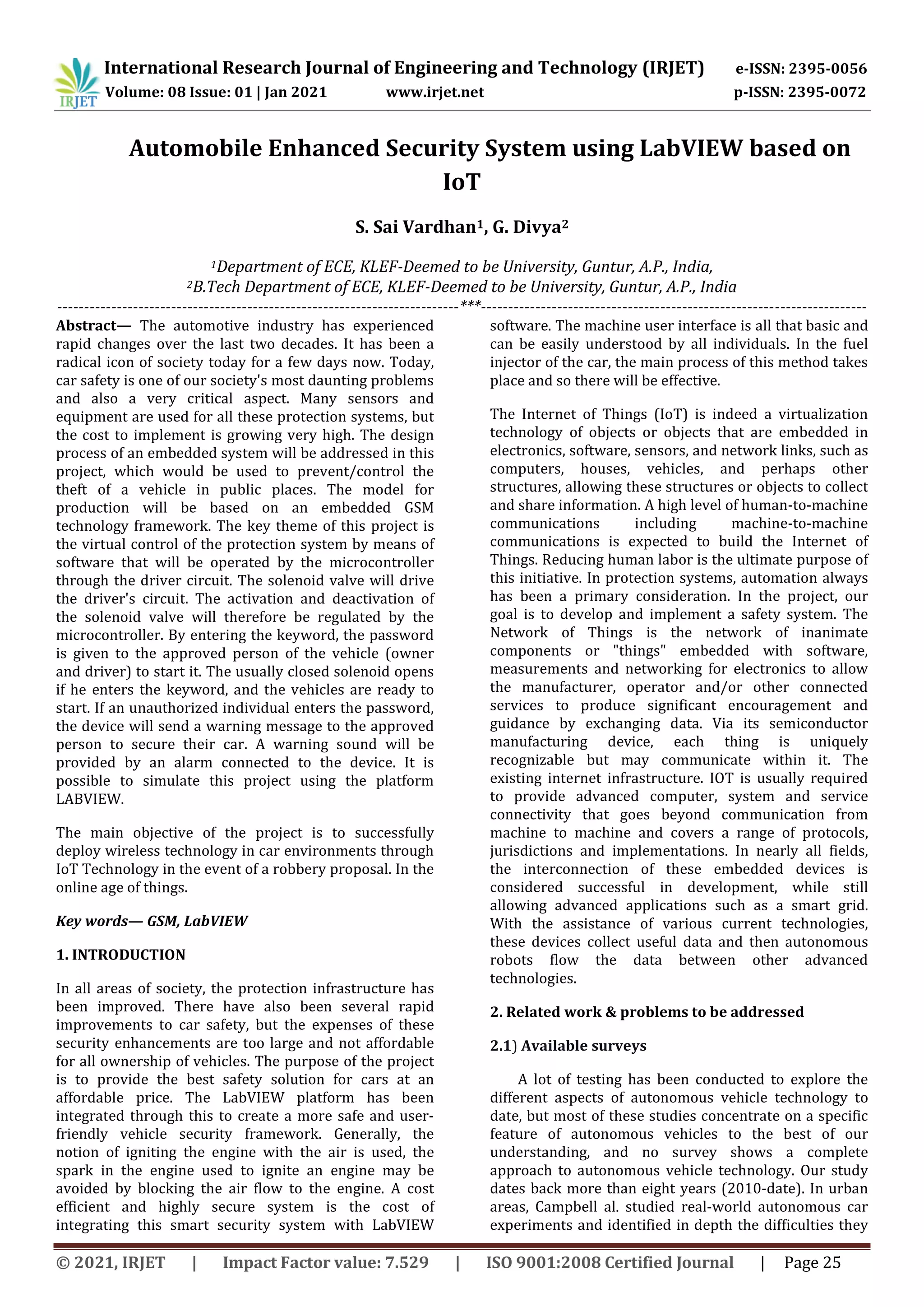 IRJET - Automobile Enhanced Security System using LabVIEW based on IoT | PDF