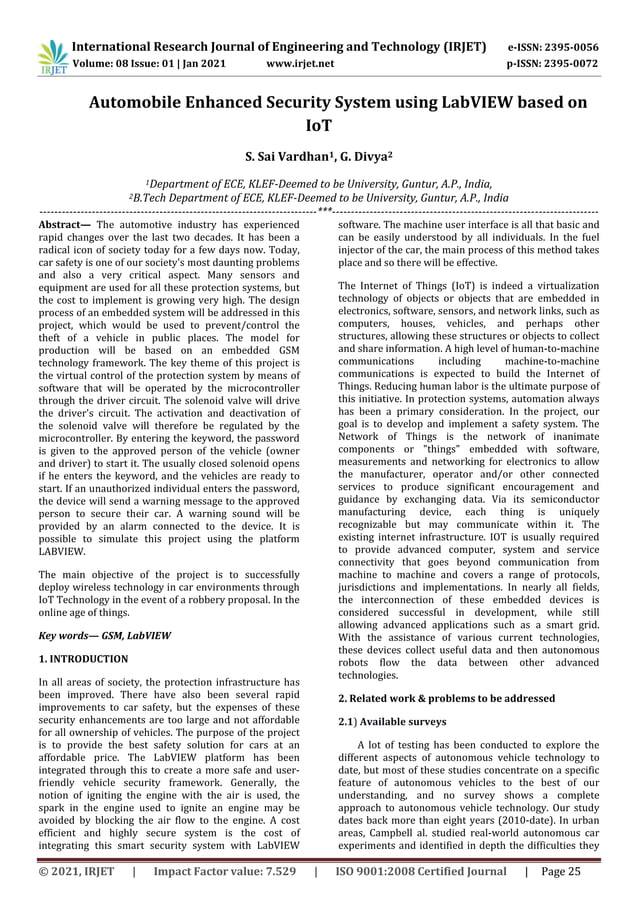 IRJET - Automobile Enhanced Security System using LabVIEW based on IoT | PDF