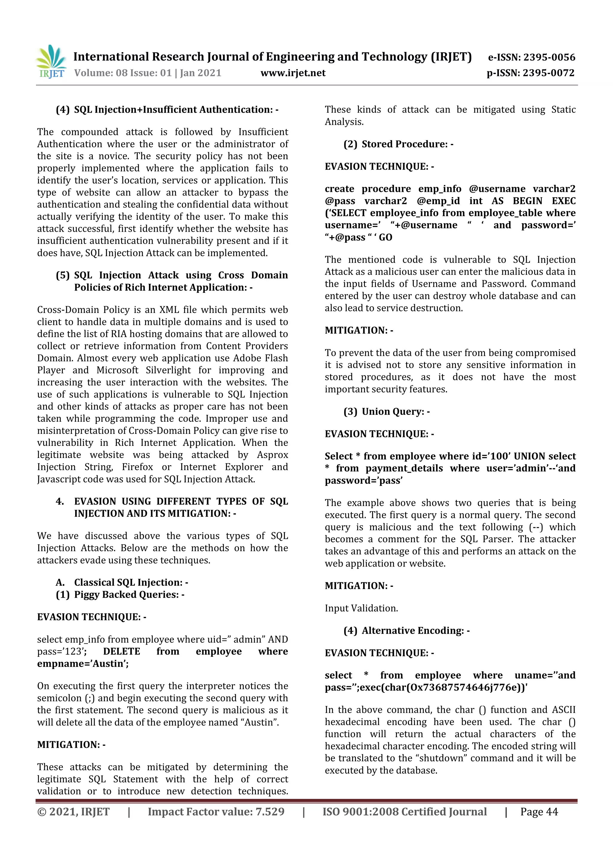 Irjet Sql Injection Attack And Mitigation Pdf