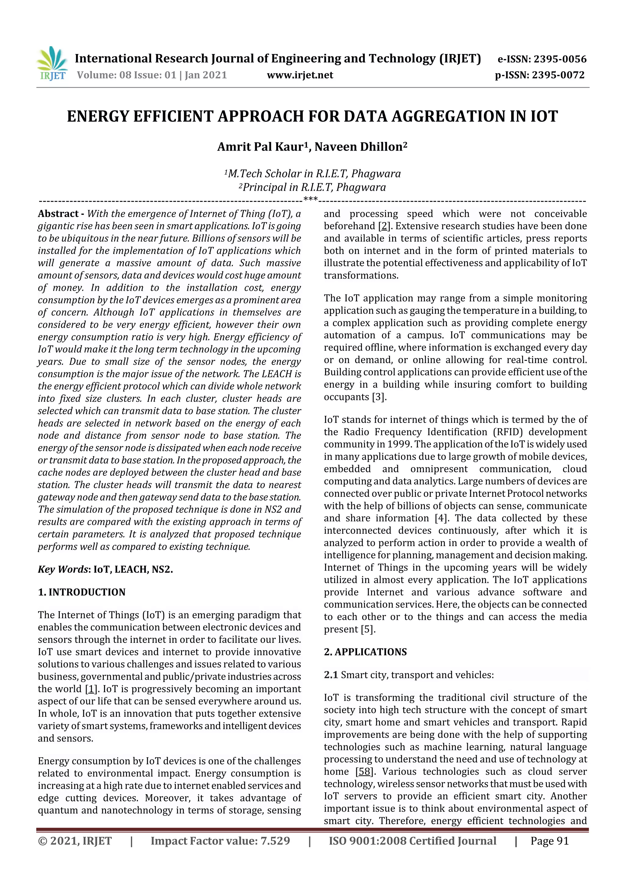 IRJET - Energy Efficient Approach for Data Aggregation in IoT | PDF