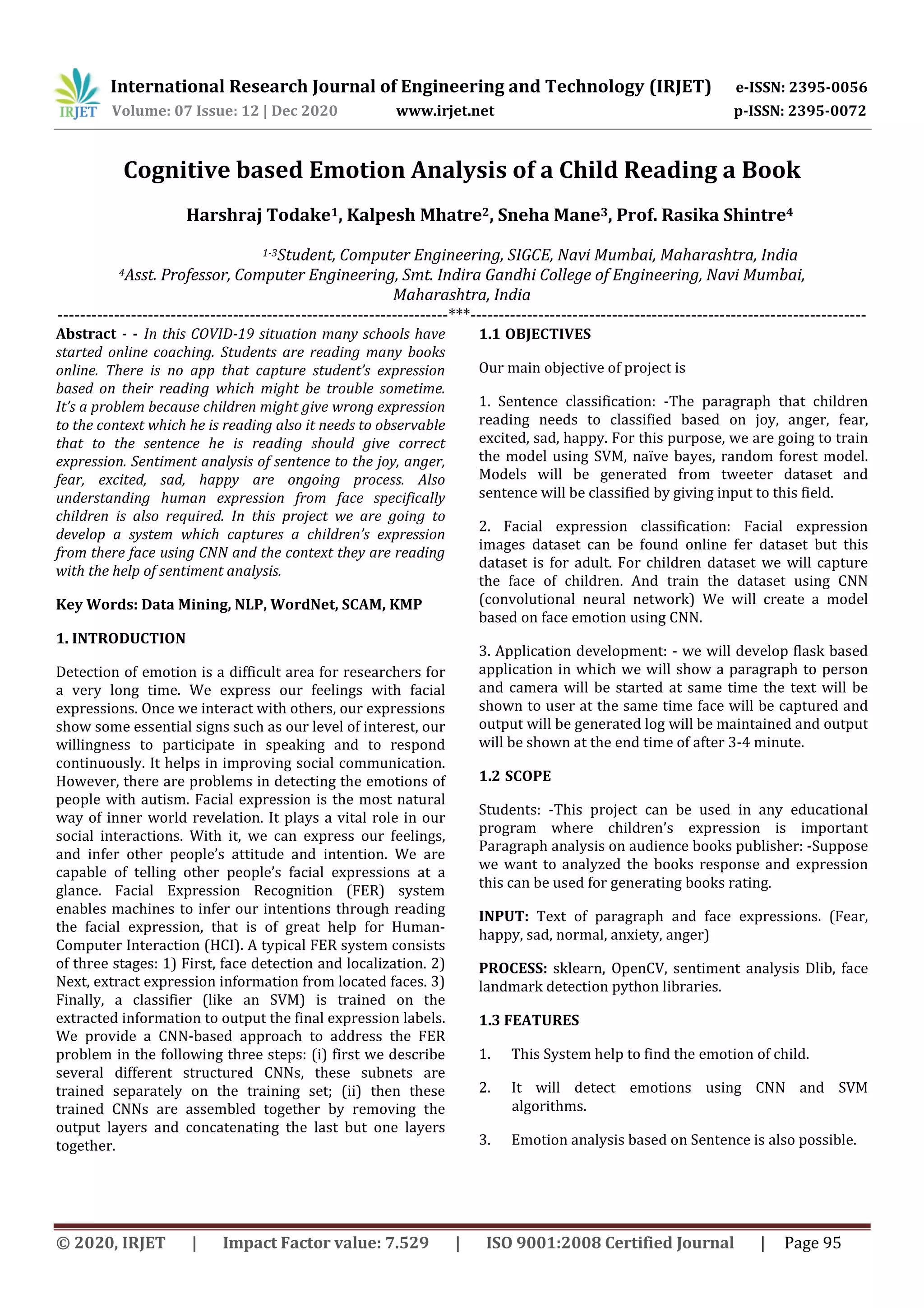 IRJET - Cognitive based Emotion Analysis of a Child Reading a Book | PDF