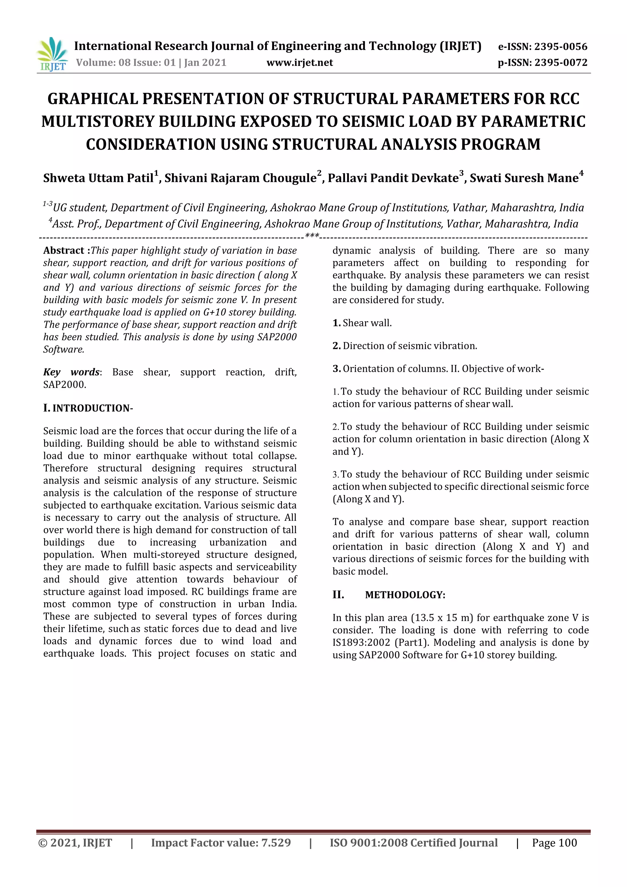 IRJET - Graphical Presentation of Structural Parameters for RCC Multistorey Building Exposed to ...