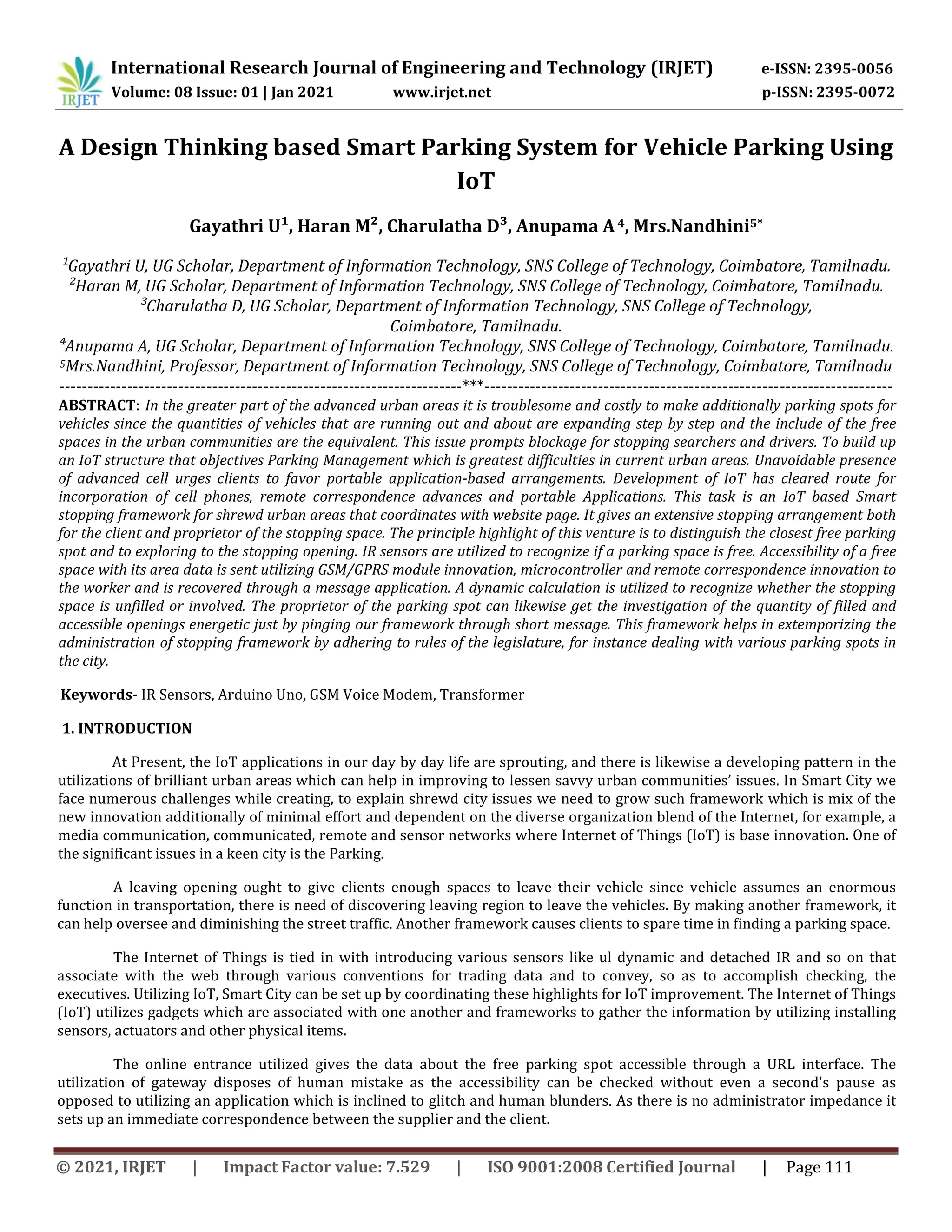 IRJET - A Design Thinking based Smart Parking System for Vehicle ...