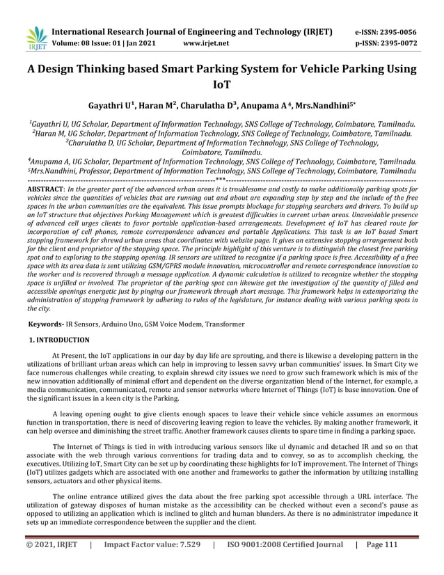 IRJET - A Design Thinking based Smart Parking System for Vehicle Parking using IoT | PDF