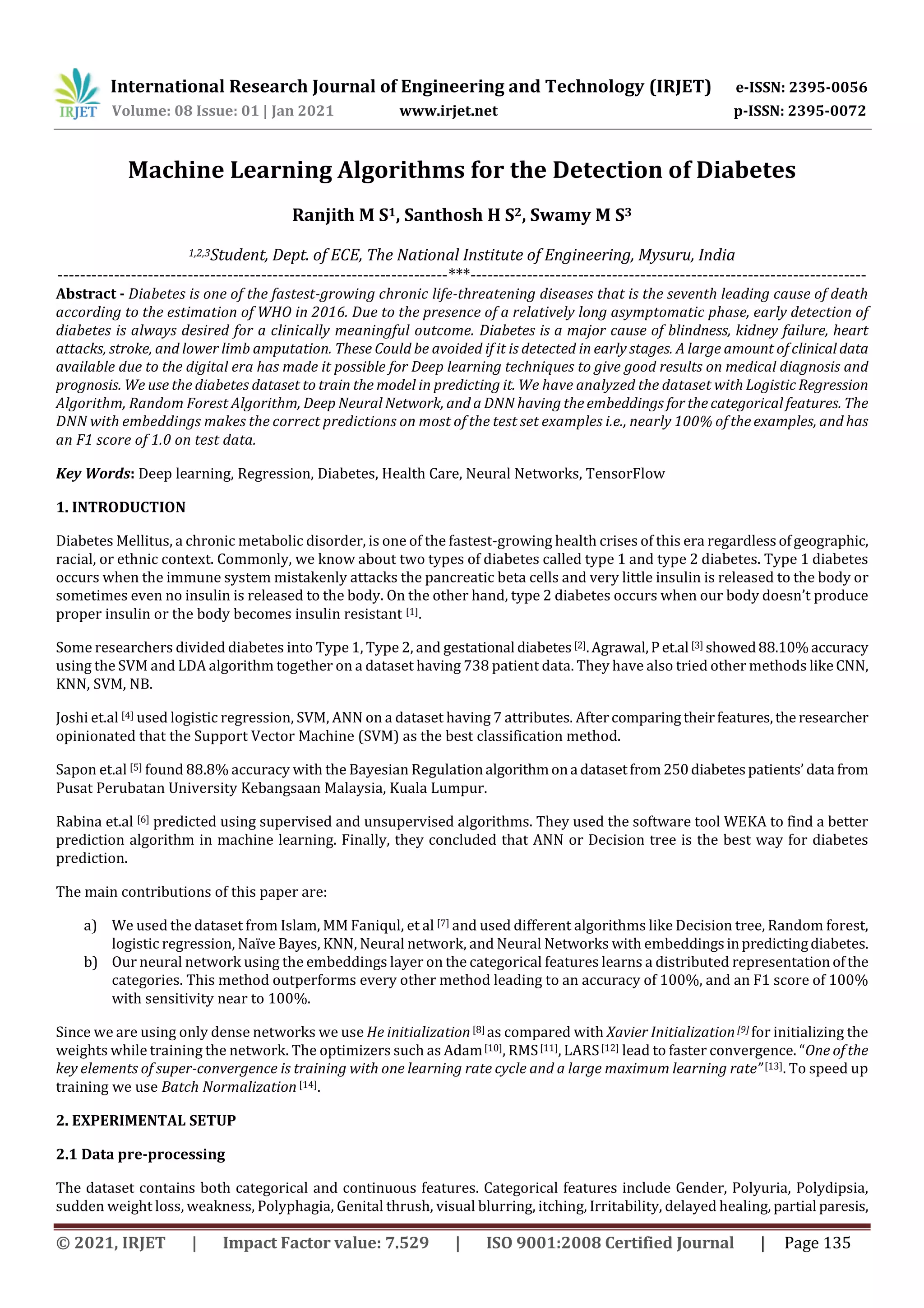 Irjet Machine Learning Algorithms For The Detection Of Diabetes Pdf