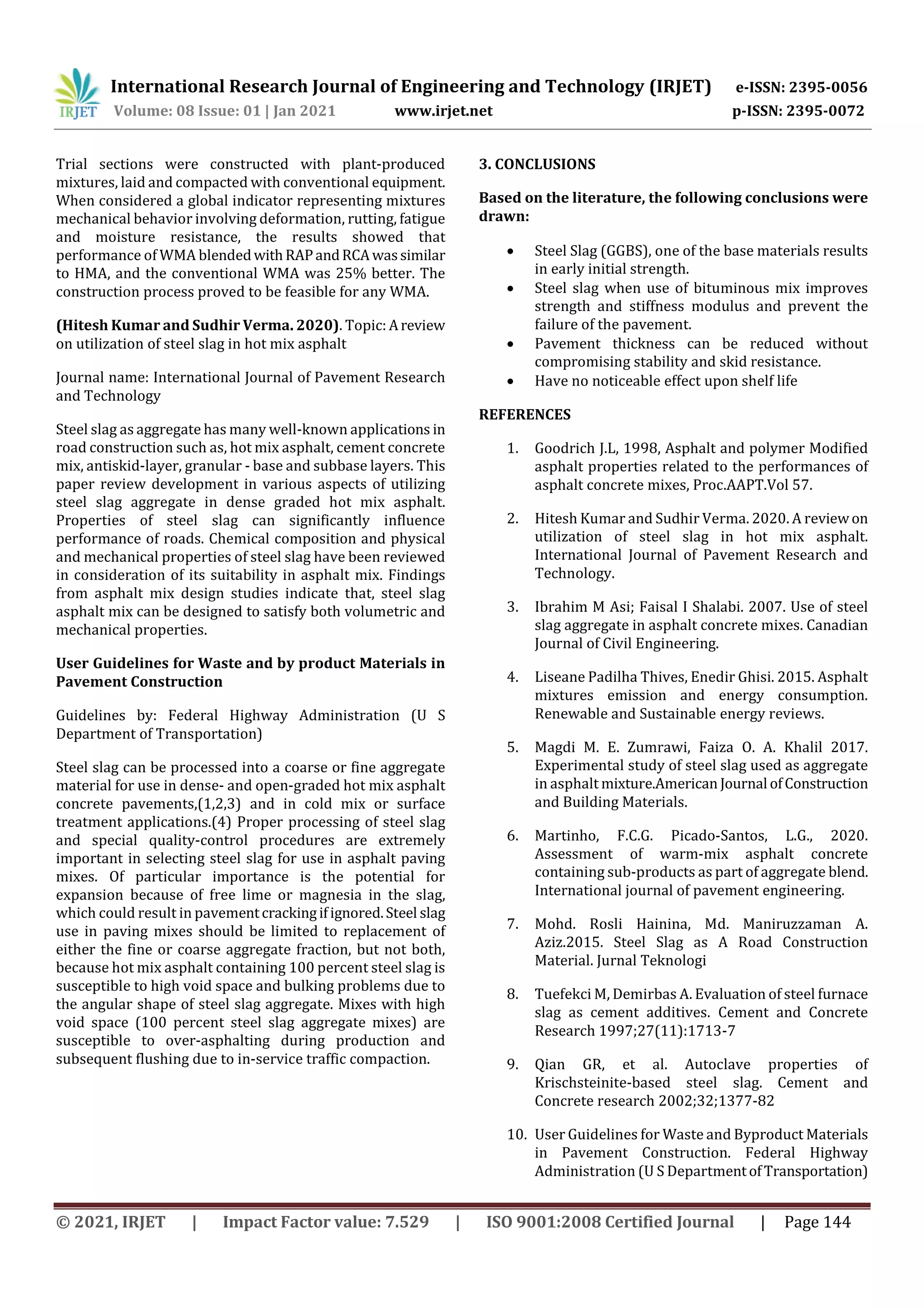 IRJET - A Review on Use of Steel Slag in Asphalt Road Construction | PDF
